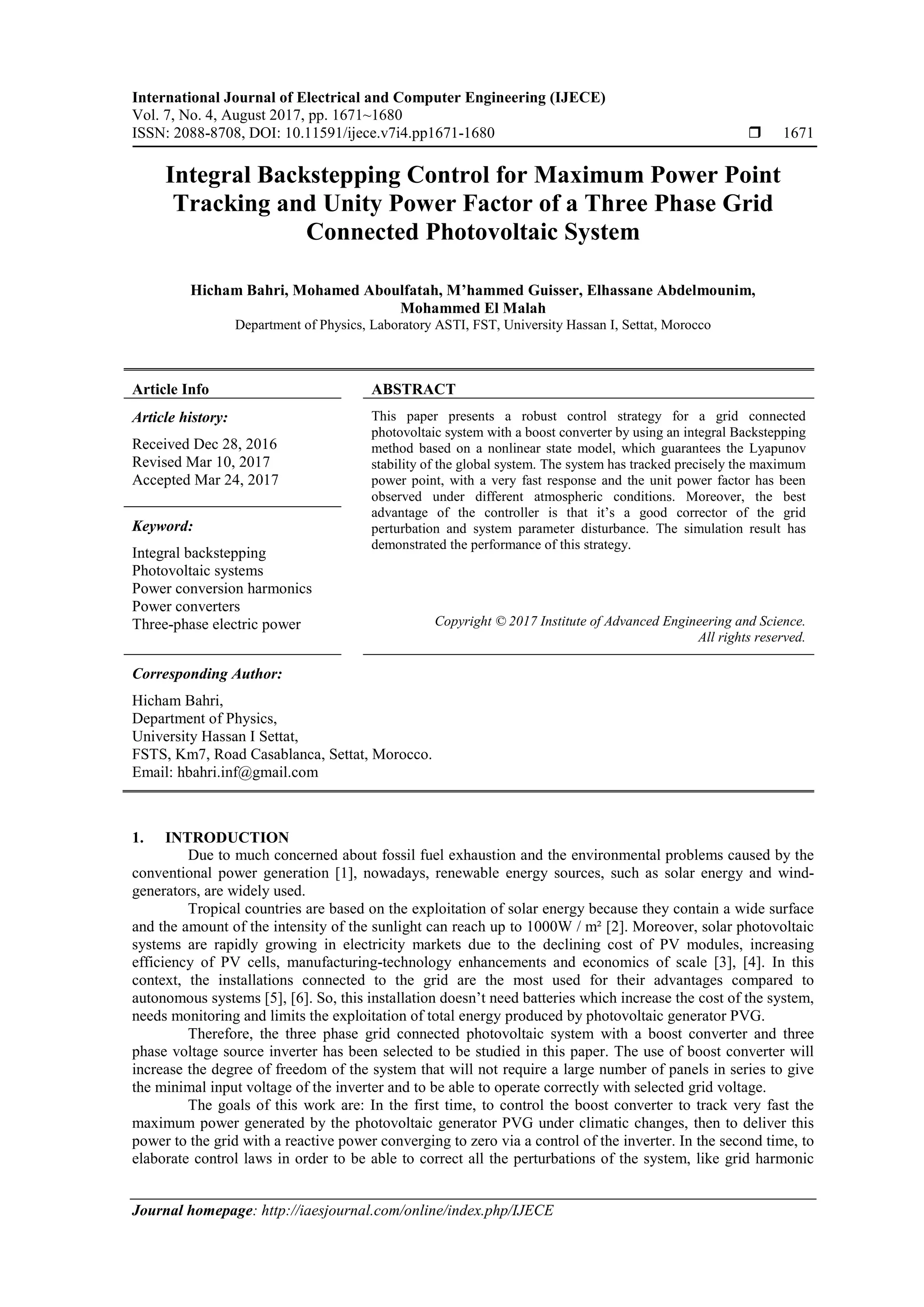 Integral Backstepping Control for Maximum Power Point Tracking and Unity Power Factor of a Three ...
