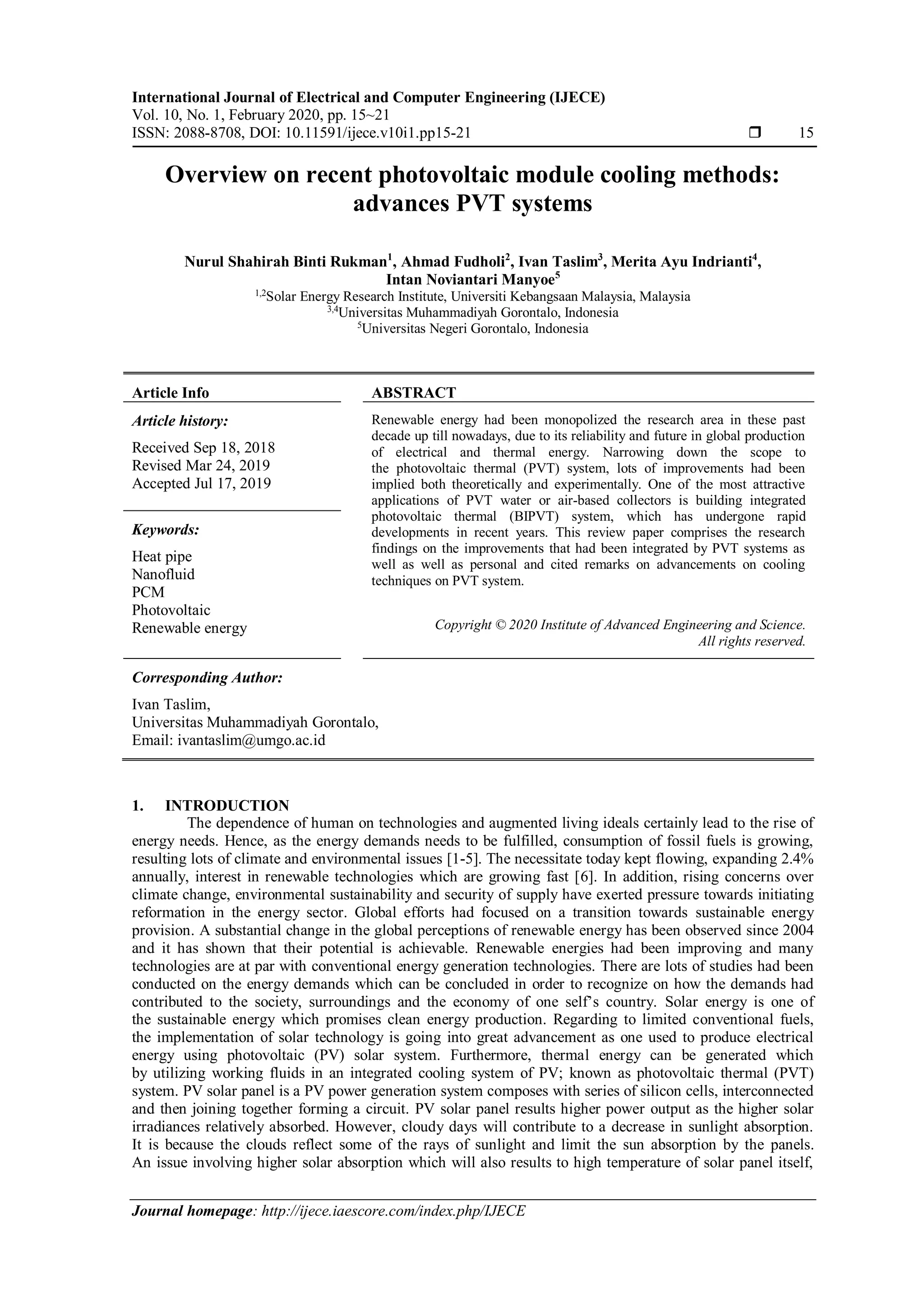 Overview on recent photovoltaic module cooling methods: advances PVT systems | PDF