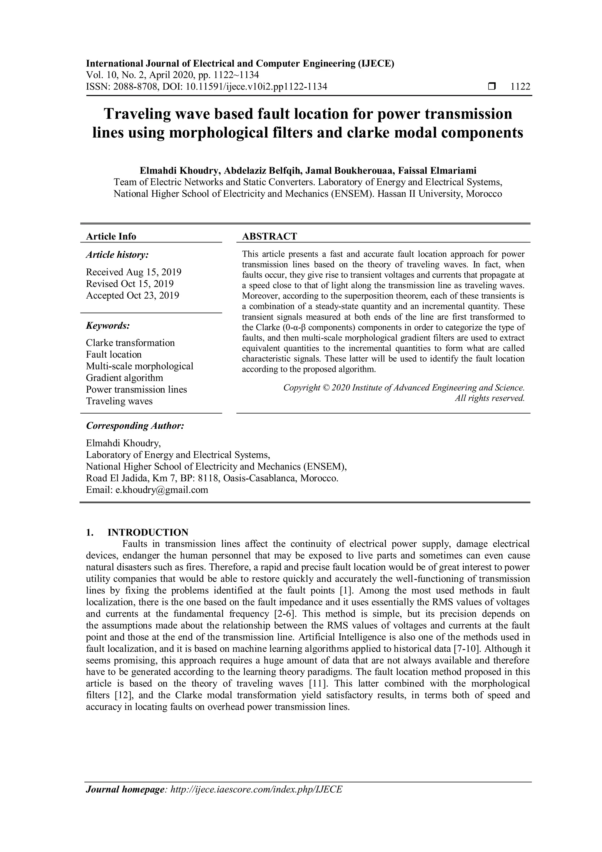 Traveling wave based fault location for power transmission lines using morphological filters and ...