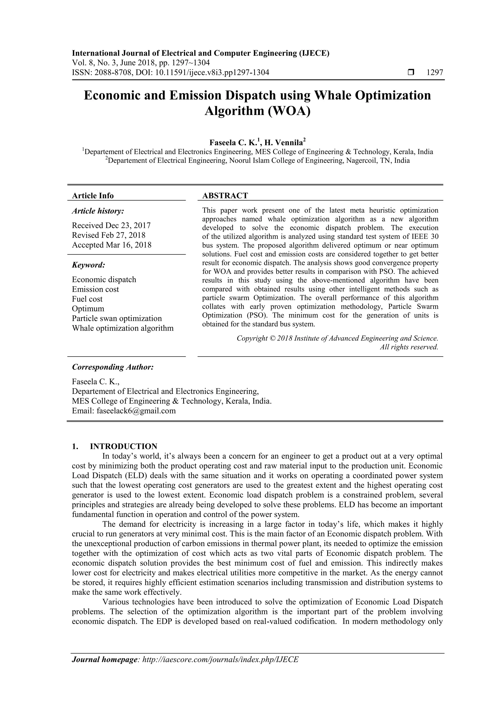 Economic And Emission Dispatch Using Whale Optimization Algorithm Woa Pdf