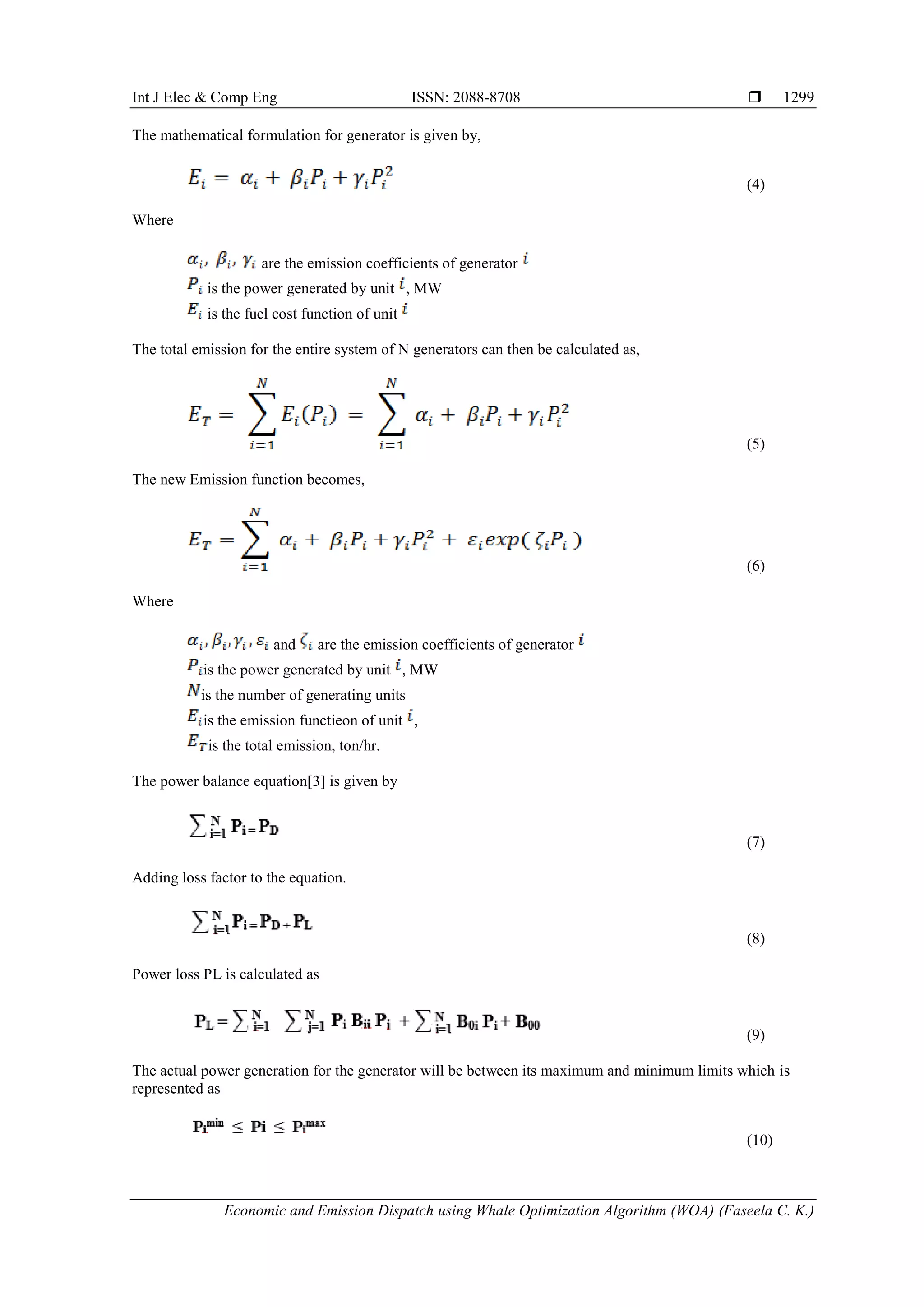 Economic and Emission Dispatch using Whale Optimization Algorithm (WOA) | PDF