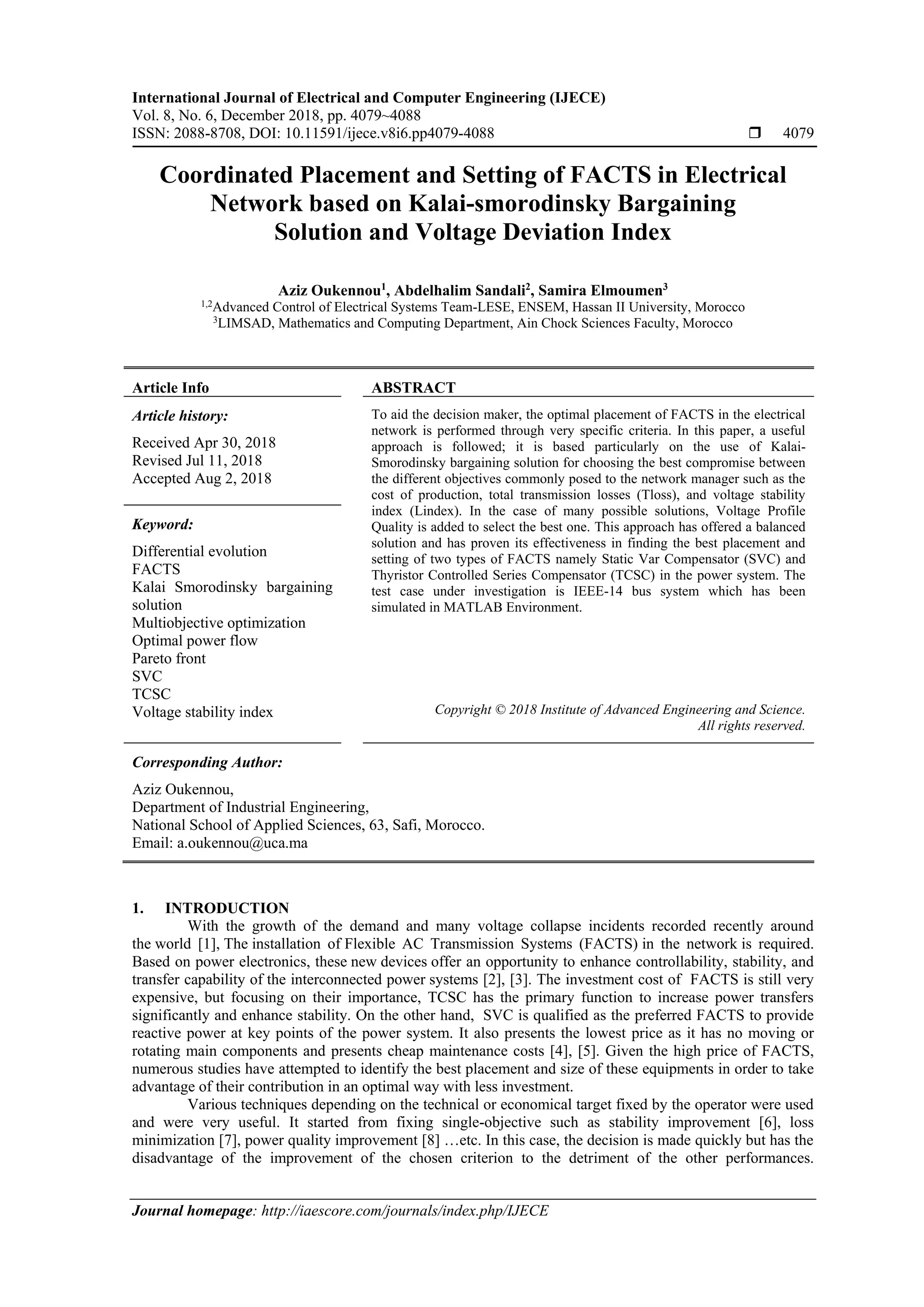 Coordinated Placement and Setting of FACTS in Electrical Network based on Kalai-smorodinsky ...