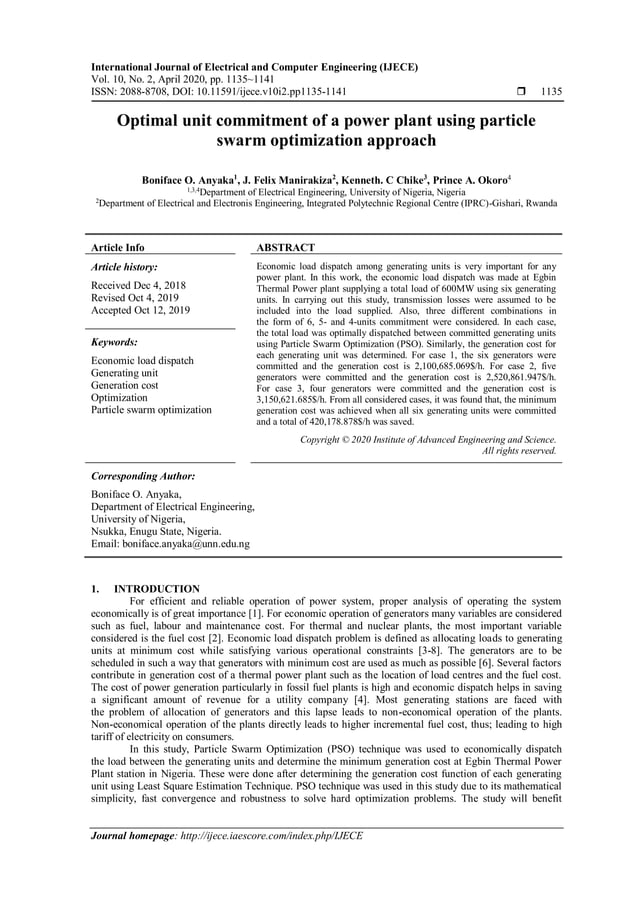Optimal unit commitment of a power plant using particle swarm optimization approach | PDF