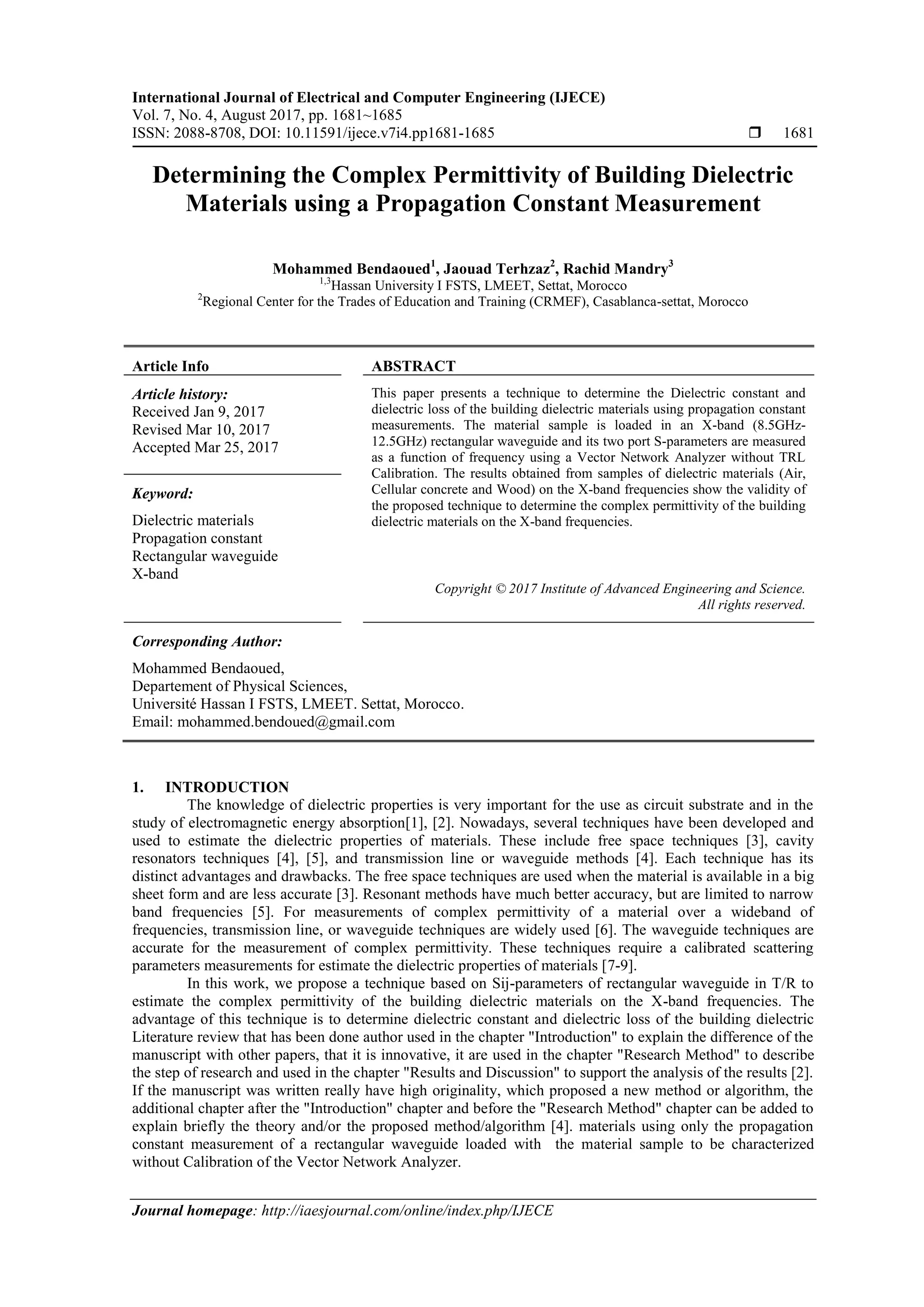 Determining The Complex Permittivity Of Building Dielectric Materials Using A Propagation