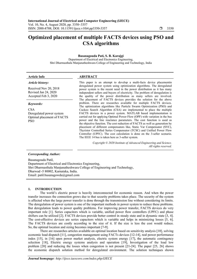 Optimized placement of multiple FACTS devices using PSO and CSA algorithms | PDF