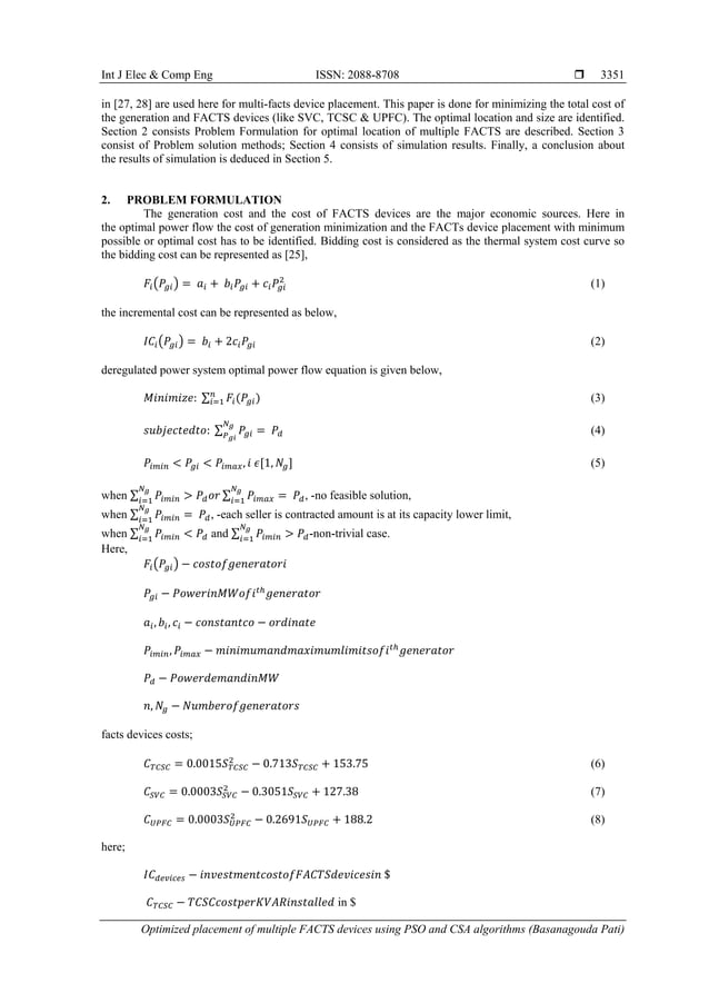 Optimized placement of multiple FACTS devices using PSO and CSA algorithms | PDF