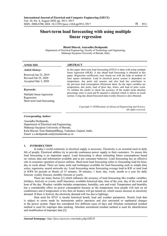 Short Term Load Forecasting With Using Multiple Linear Regression Pdf