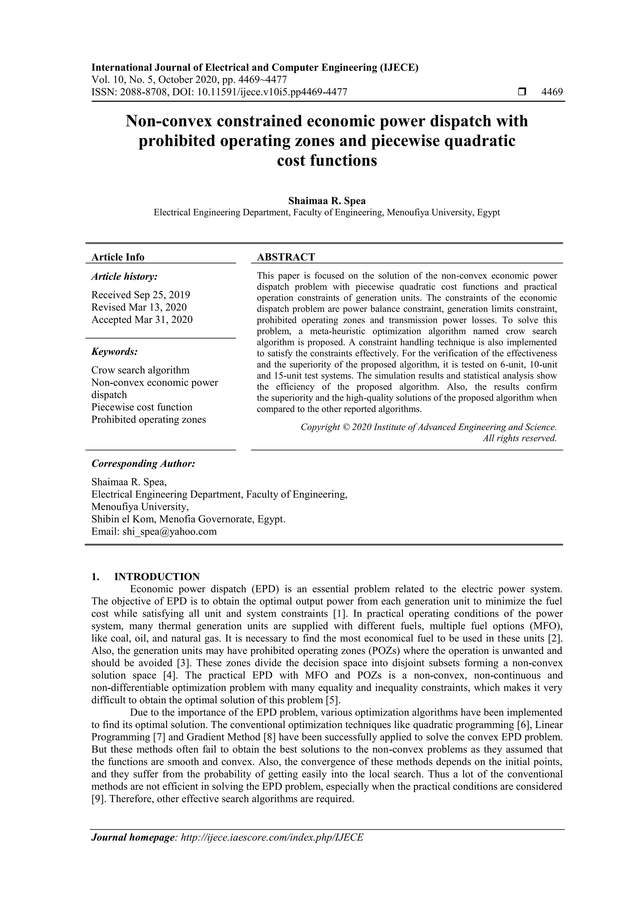Non-convex constrained economic power dispatch with prohibited operating zones and piecewise ...