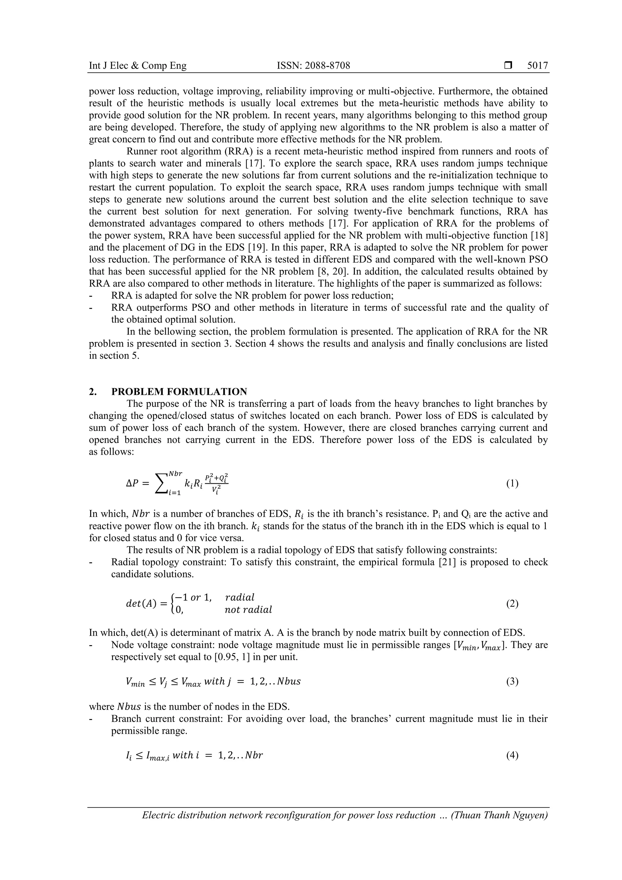 Electric Distribution Network Reconfiguration For Power Loss Reduction