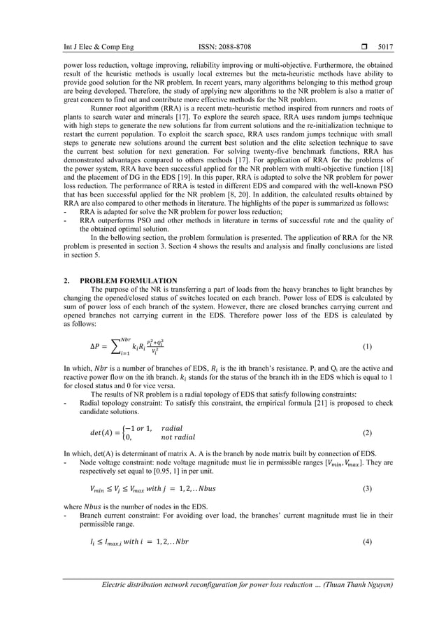 Electric distribution network reconfiguration for power loss reduction based on runner root ...