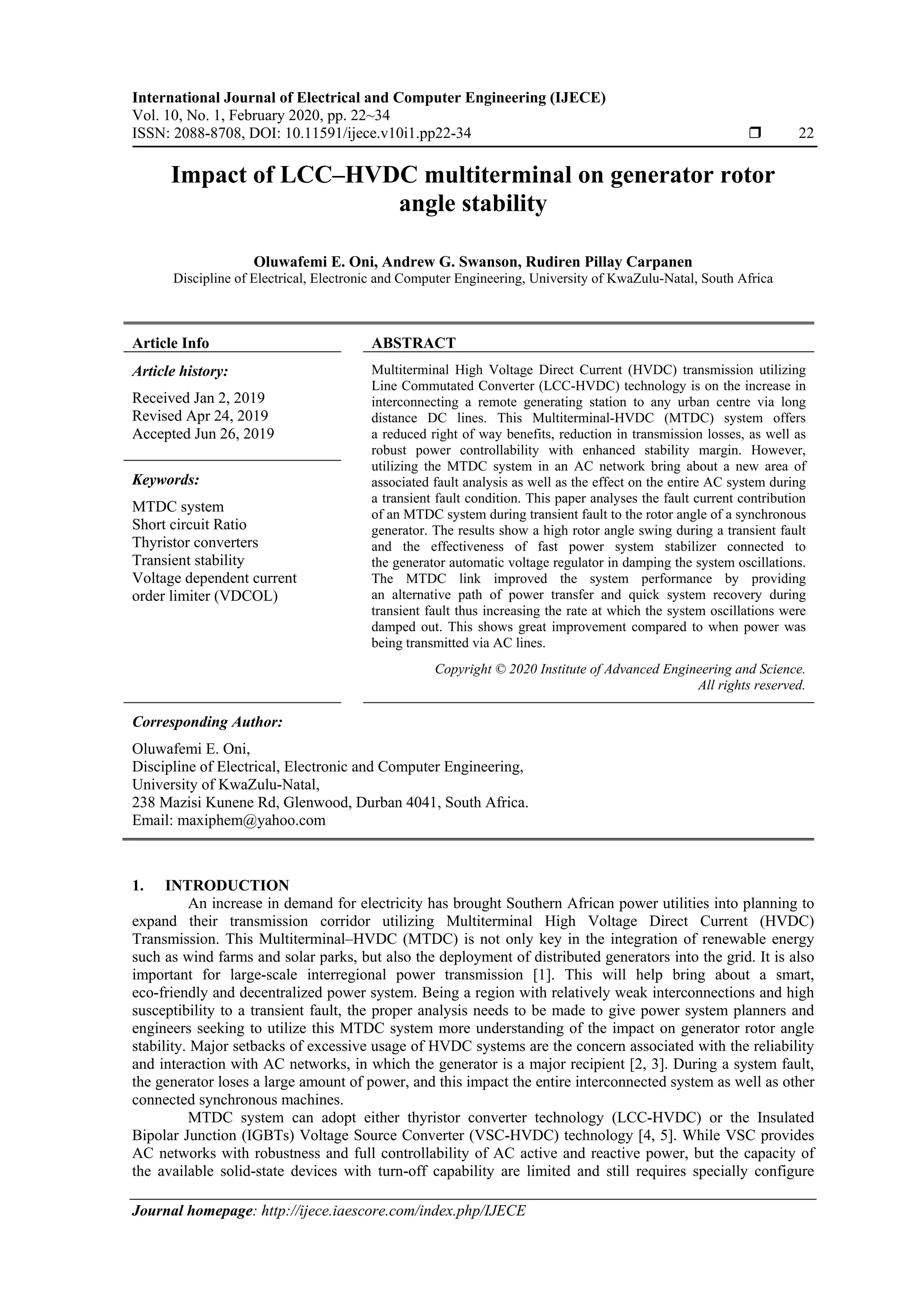 Impact of LCC–HVDC multiterminal on generator rotor angle stability | PDF