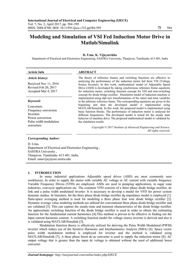 Modeling And Simulation Of Vsi Fed Induction Motor Drive In Matlabsimulink Pdf Internet Of