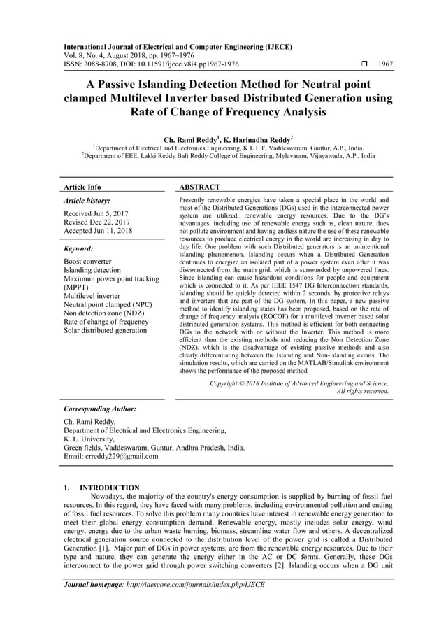 A Passive Islanding Detection Method For Neutral Point Clamped Multilevel Inverter Based