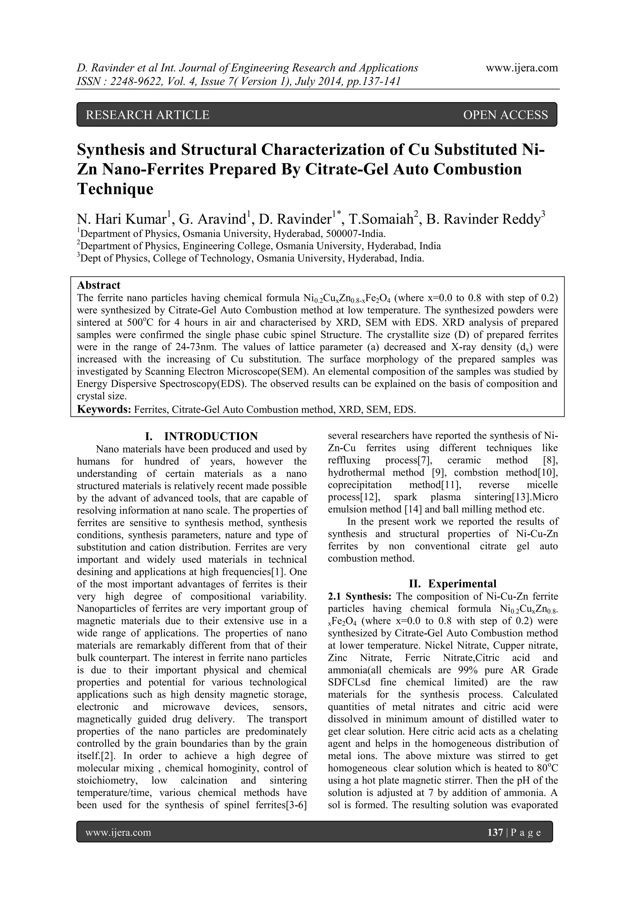 Synthesis and Structural Characterization of Cu Substituted Ni-Zn Nano ...