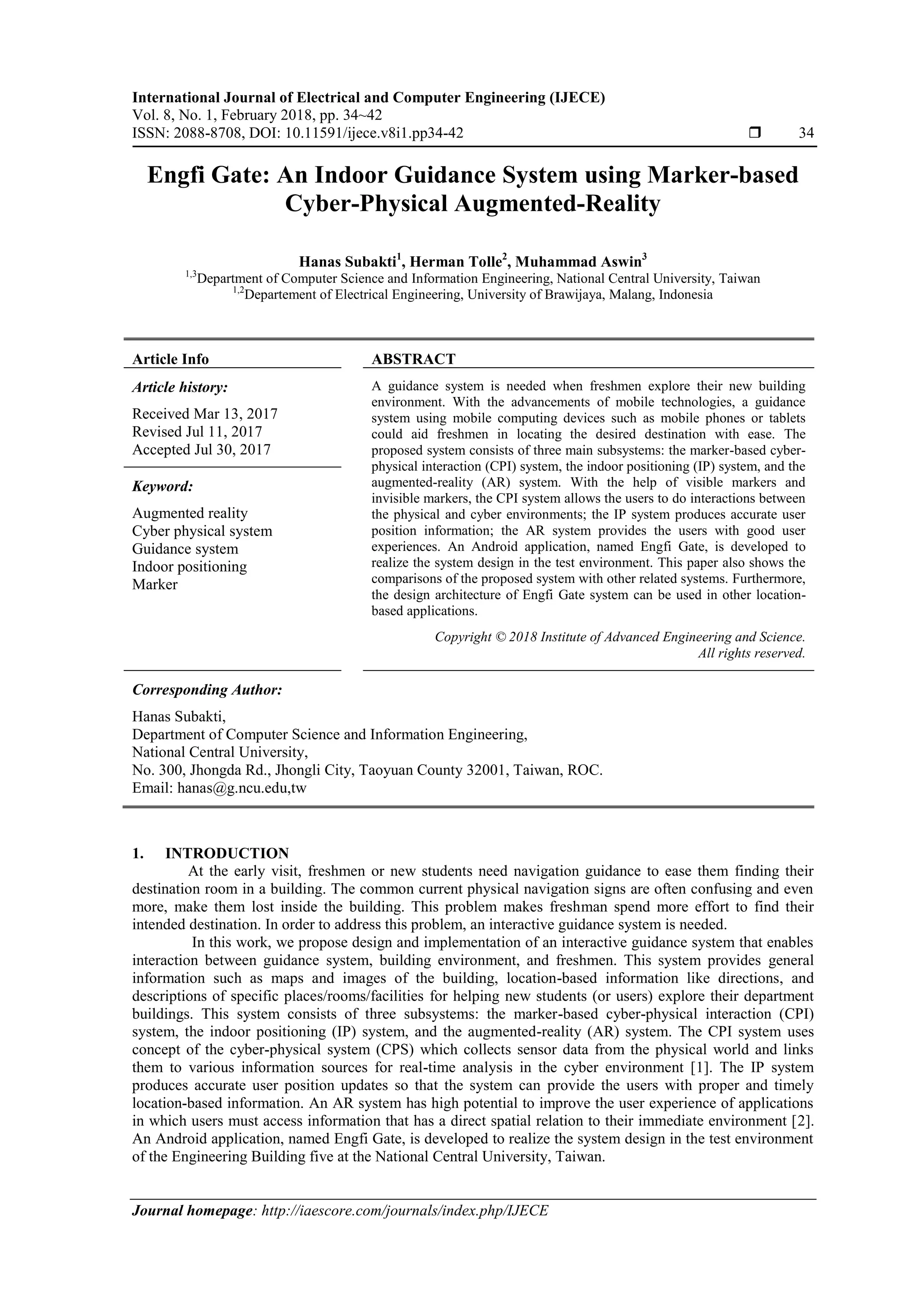 Engfi Gate: An Indoor Guidance System using Marker-based Cyber-Physical Augmented-Reality | PDF