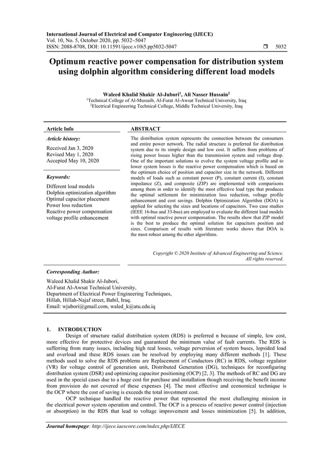Optimum reactive power compensation for distribution system using dolphin algorithm considering ...