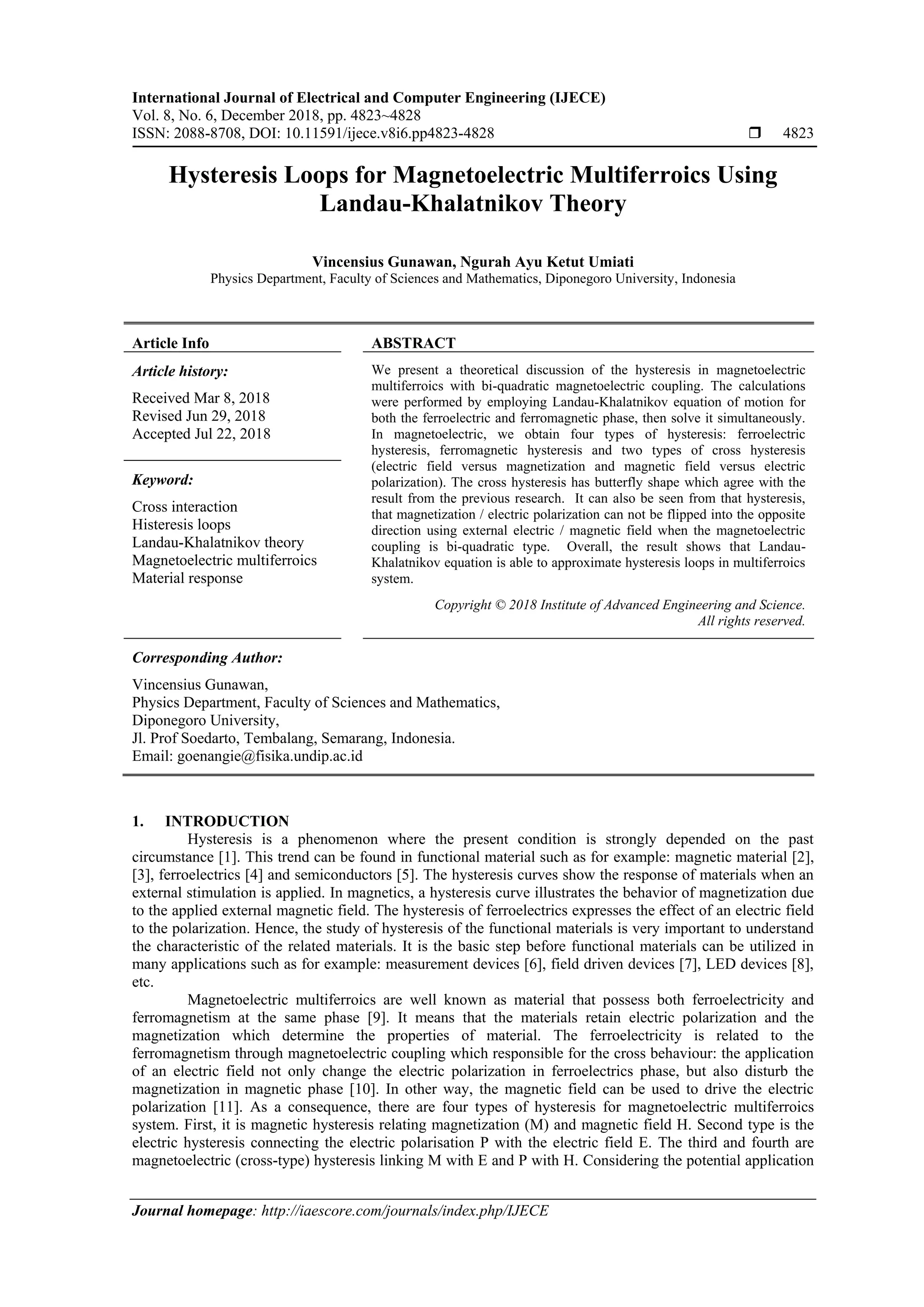 Hysteresis Loops for Magnetoelectric Multiferroics Using Landau ...