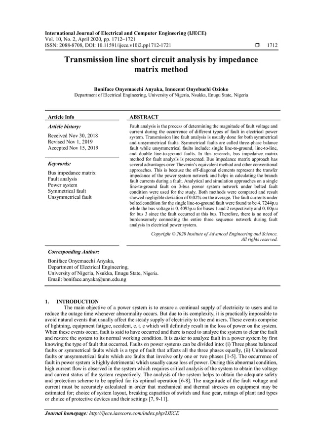 Transmission line short circuit analysis by impedance matrix method ...
