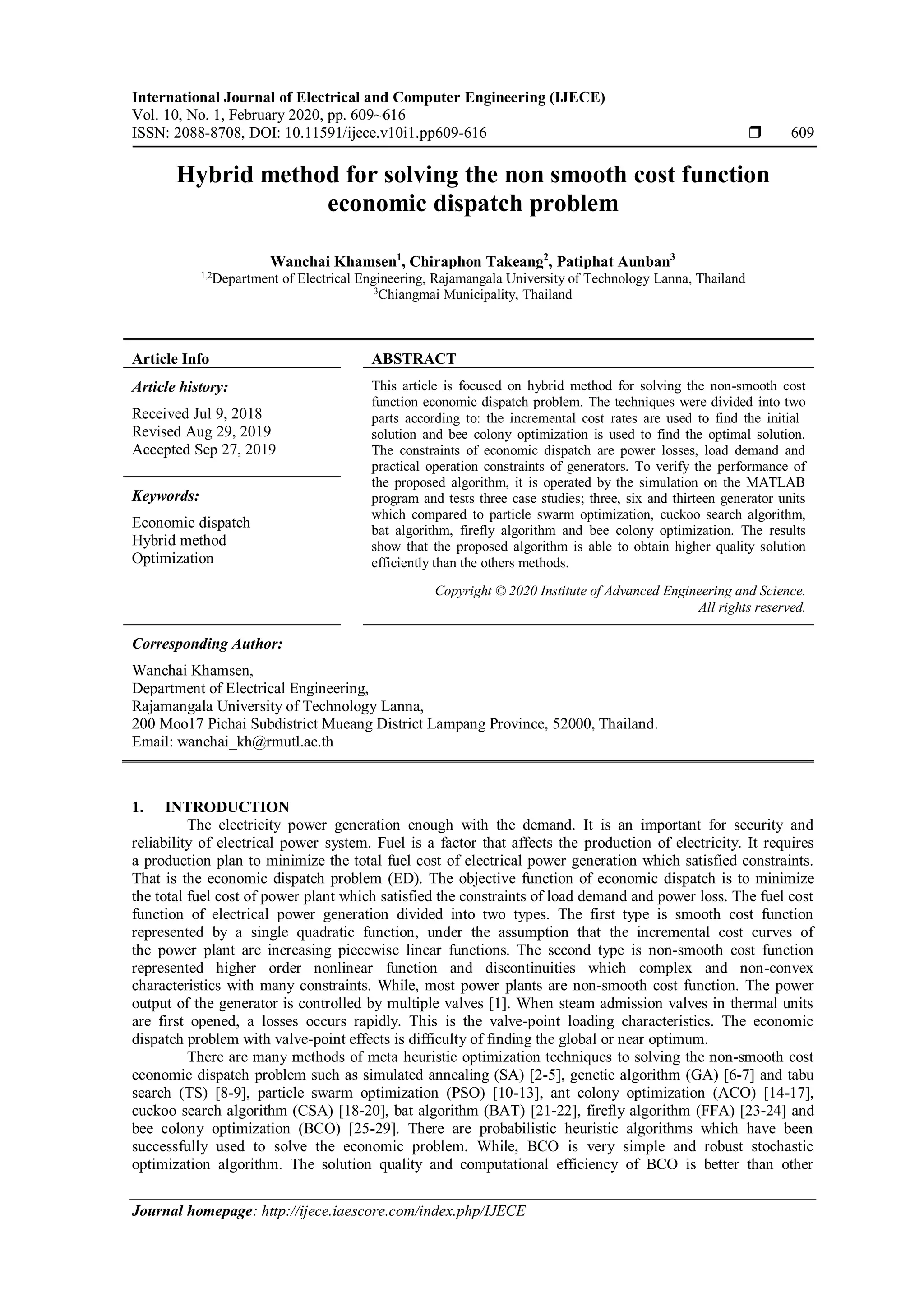 Hybrid method for solving the non smooth cost function economic dispatch problem | PDF