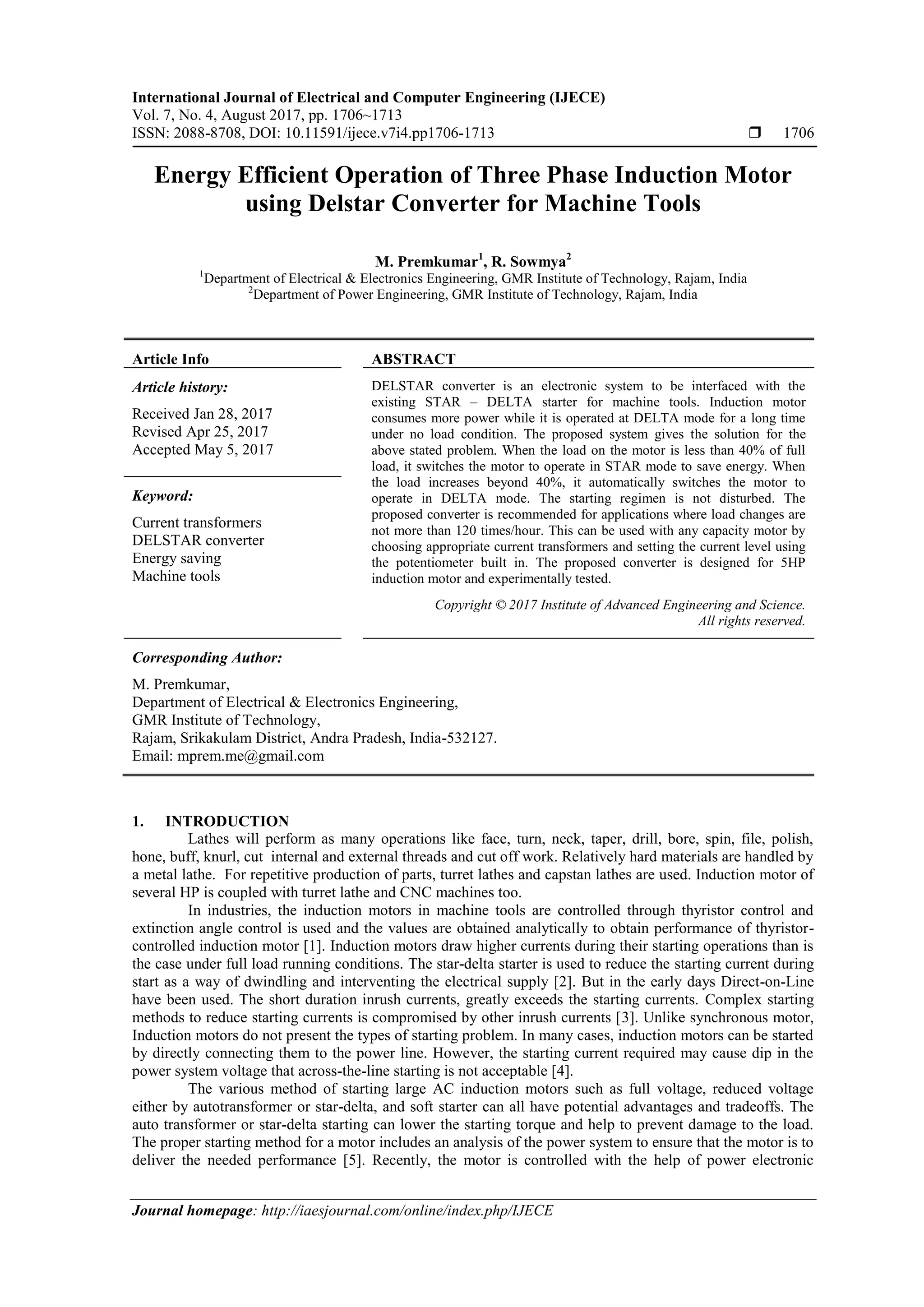 Energy Efficient Operation of Three Phase Induction Motor using Delstar ...