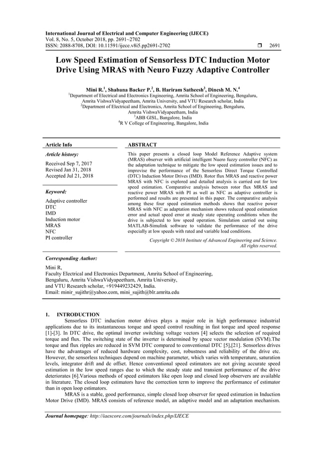 Low Speed Estimation Of Sensorless Dtc Induction Motor Drive Using Mras