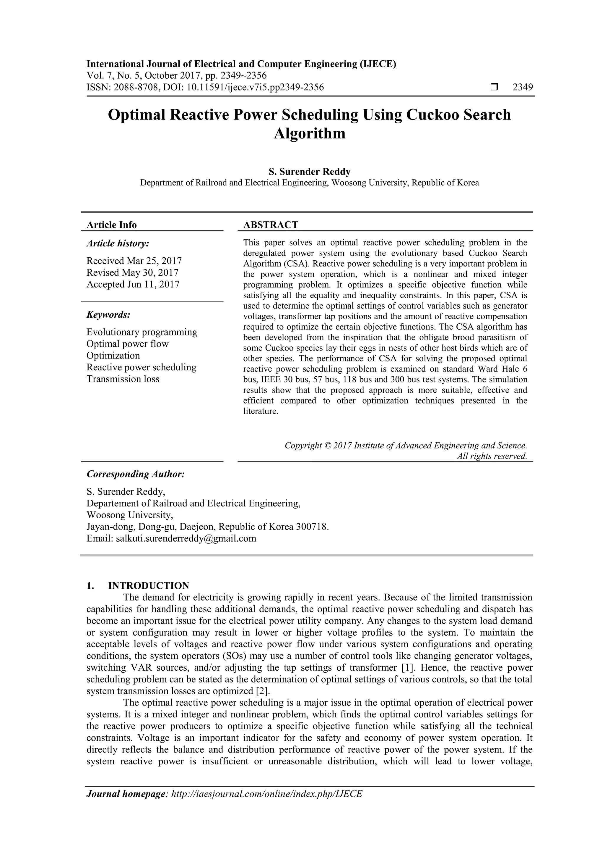 Optimal Reactive Power Scheduling Using Cuckoo Search Algorithm Pdf