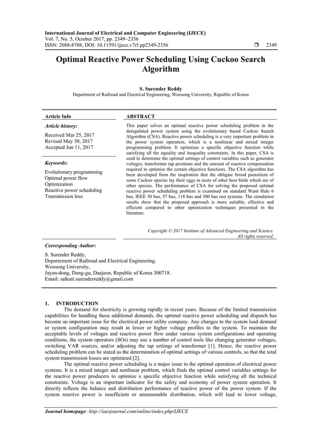 Optimal Reactive Power Scheduling Using Cuckoo Search Algorithm | PDF
