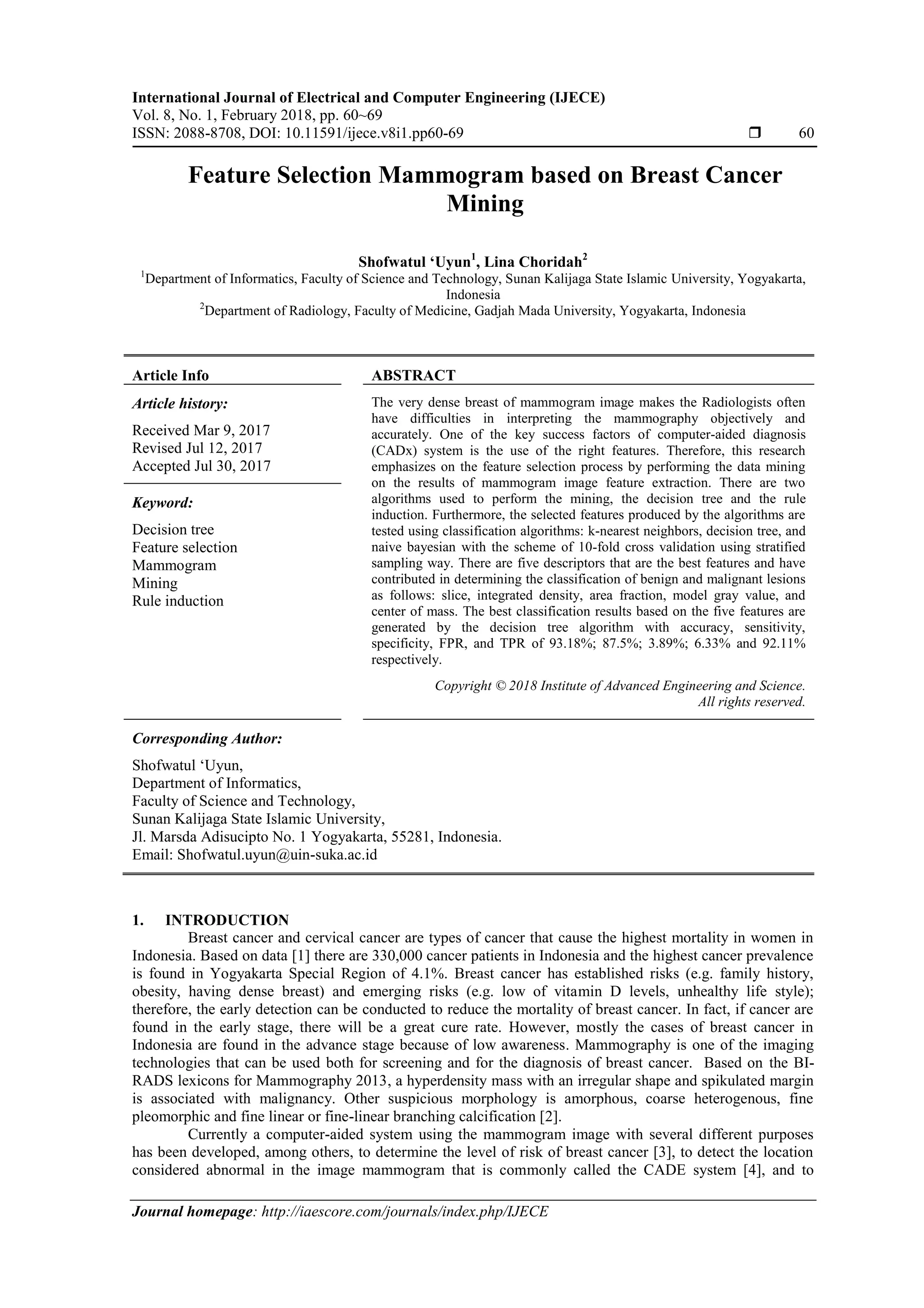 Feature Selection Mammogram based on Breast Cancer Mining | PDF