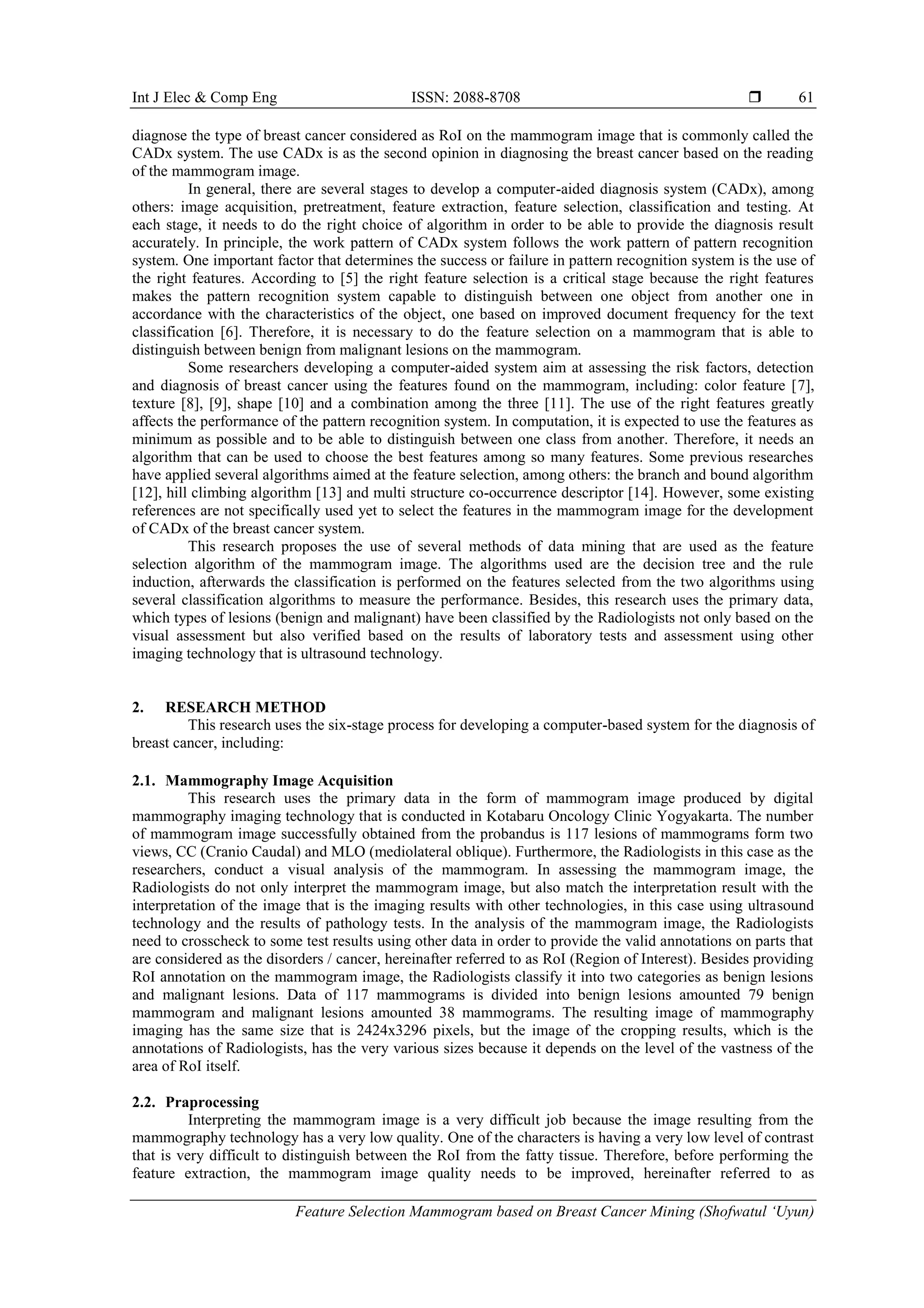 Feature Selection Mammogram based on Breast Cancer Mining | PDF