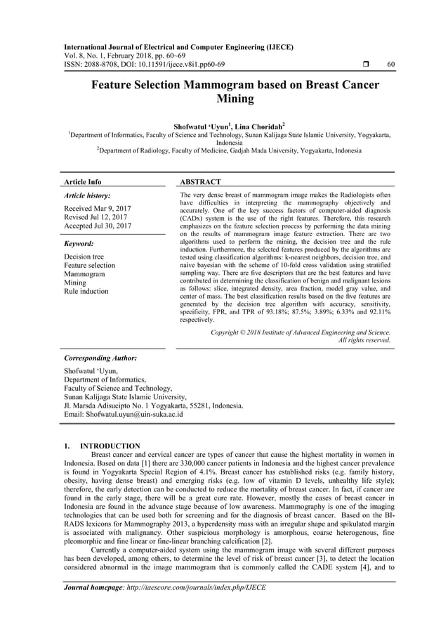 Feature Selection Mammogram based on Breast Cancer Mining | PDF