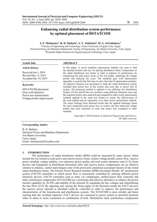 Enhancing radial distribution system performance by optimal placement of DSTATCOM | PDF