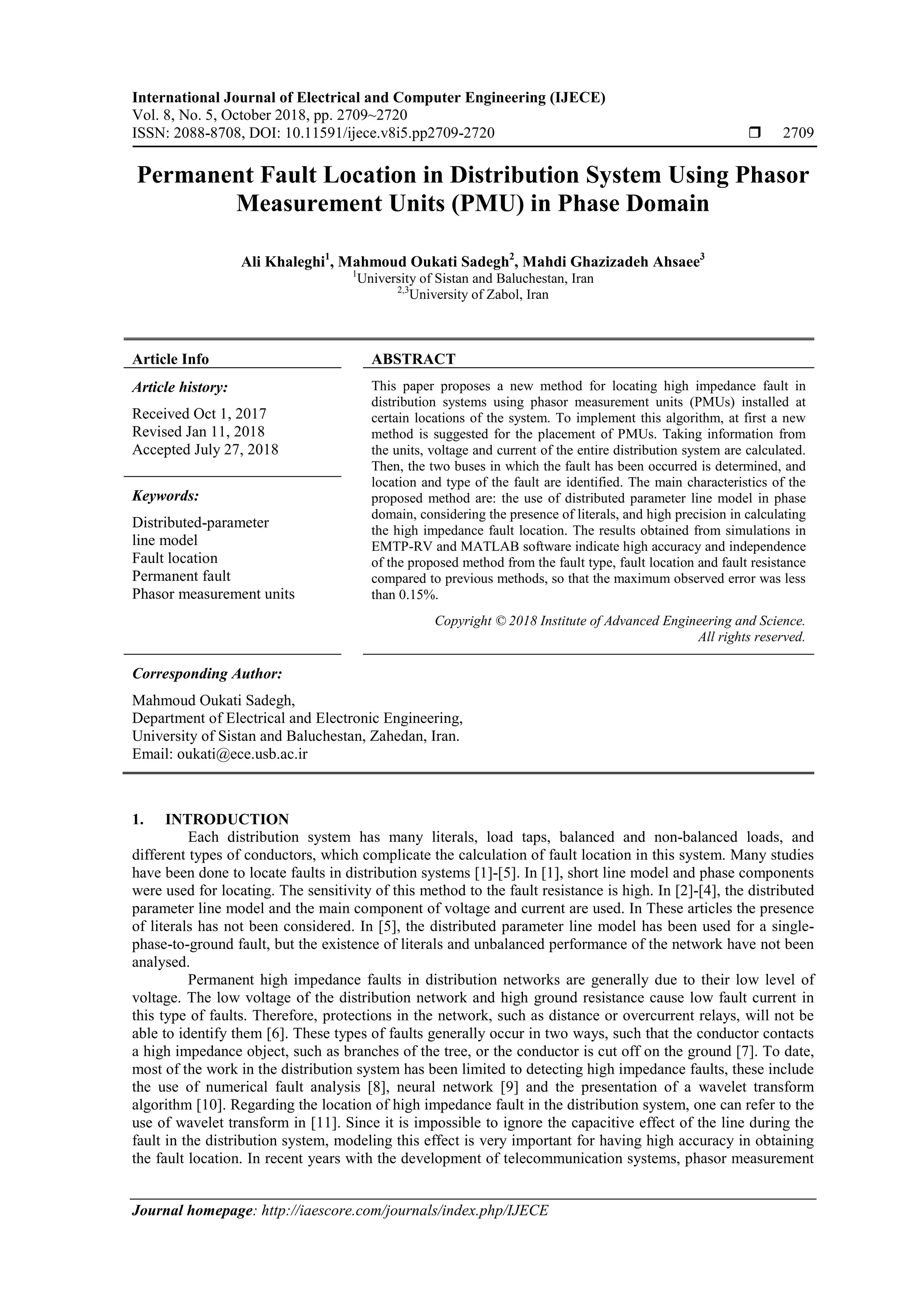 Permanent Fault Location In Distribution System Using Phasor Measurement Units Pmu In Phase
