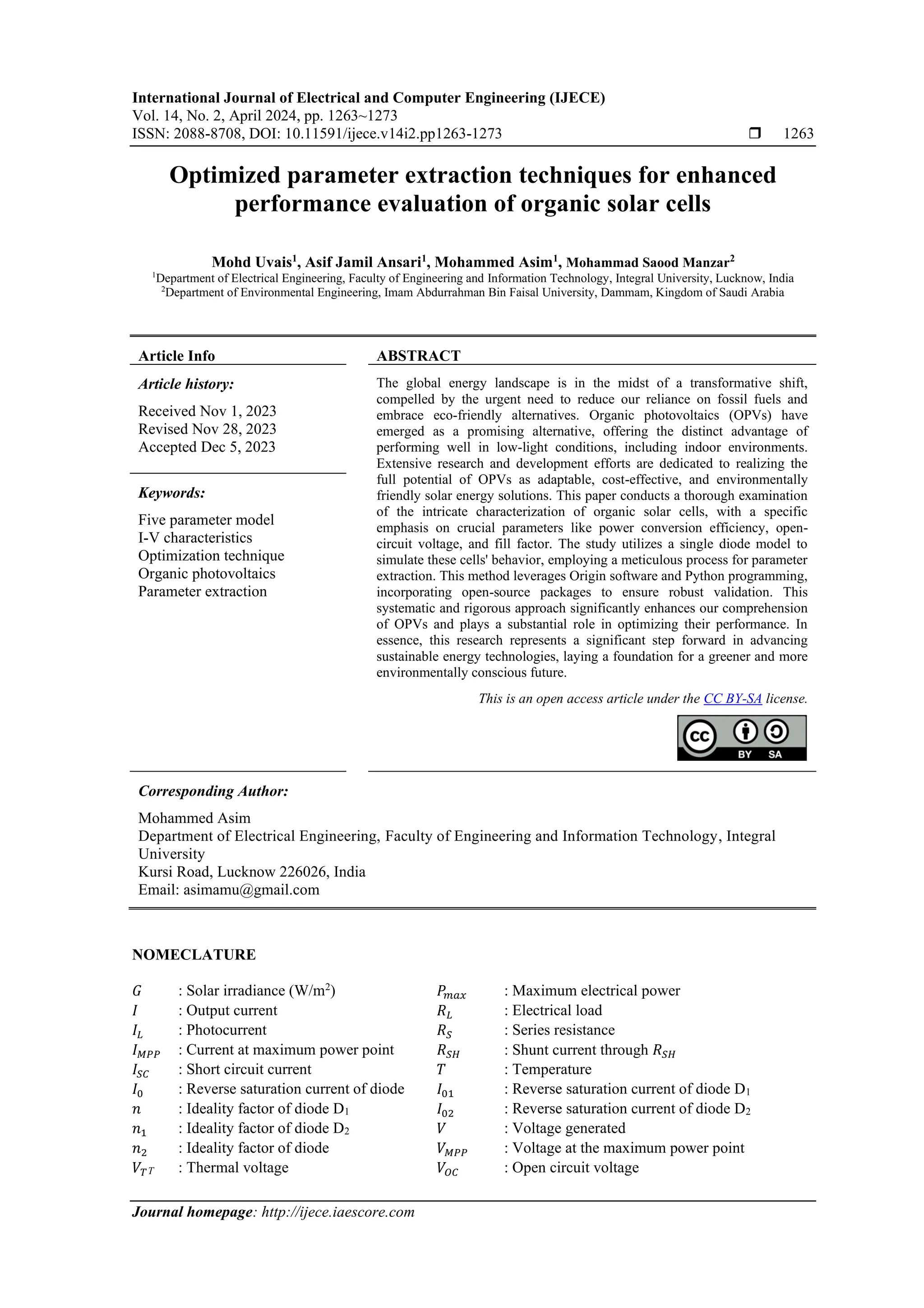 Optimized parameter extraction techniques for enhanced performance evaluation of organic solar ...
