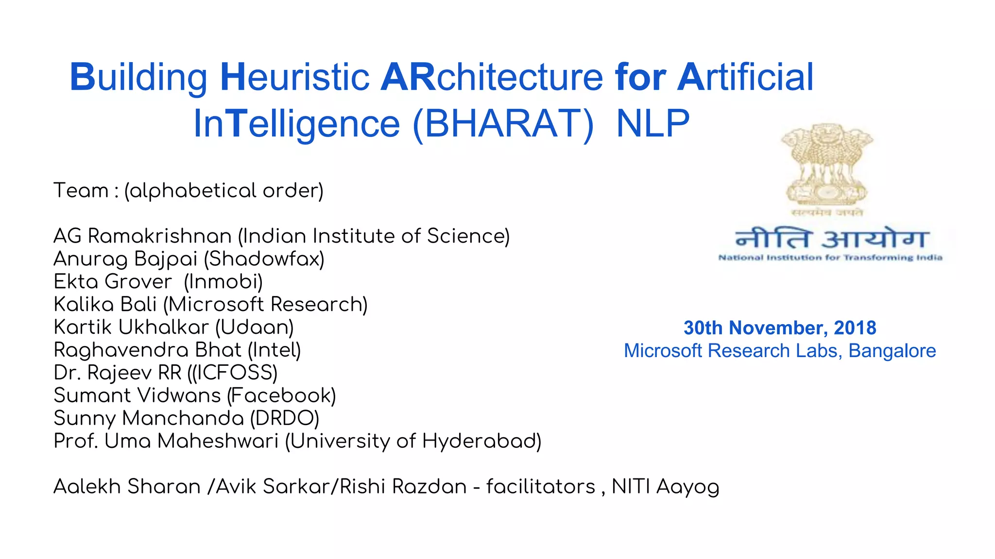 Building Heuristic ARchitecture for Artificial InTelligence (BHARAT) NLP with NITI Aayog | PDF