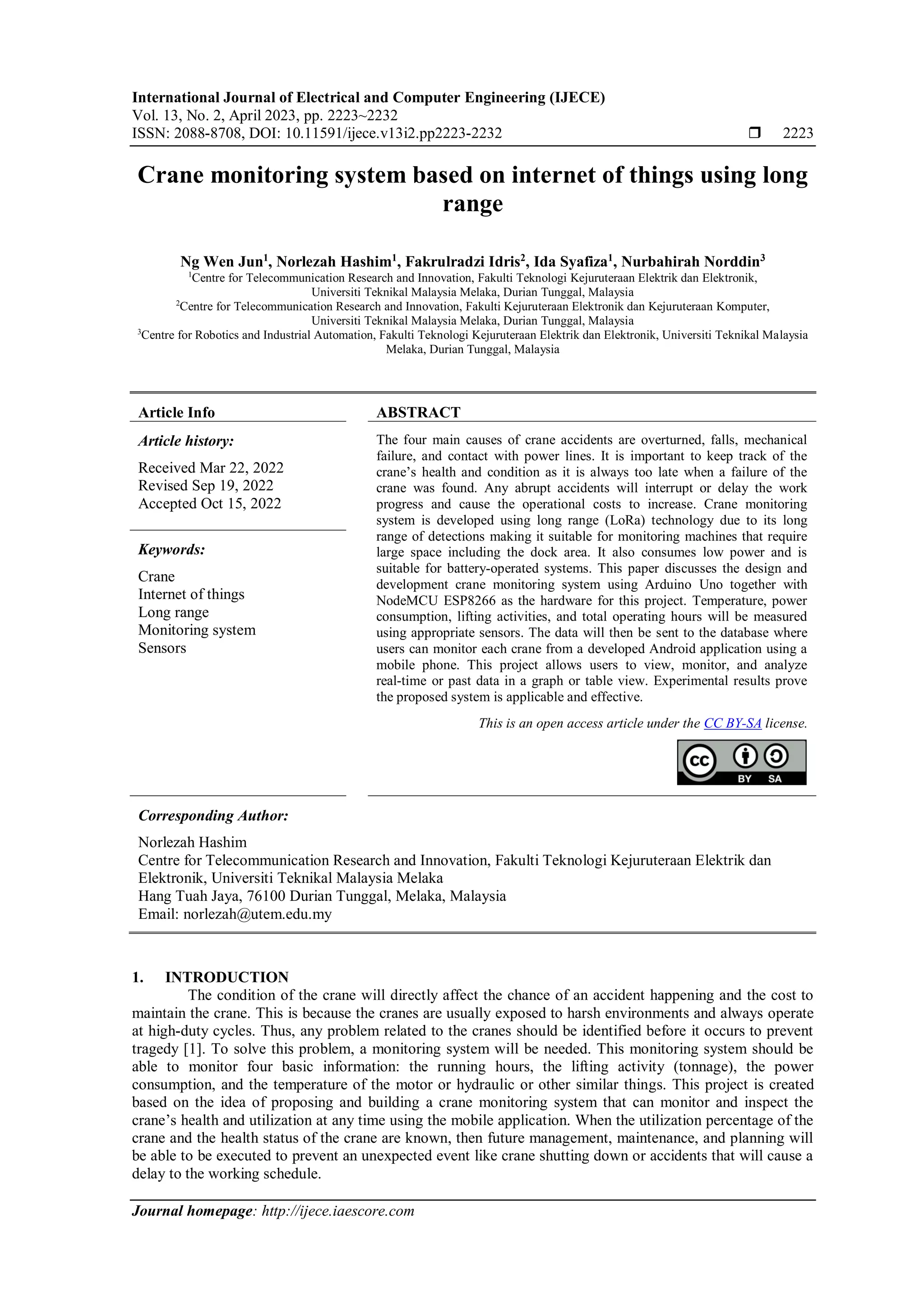 Crane monitoring system based on internet of things using long range | PDF