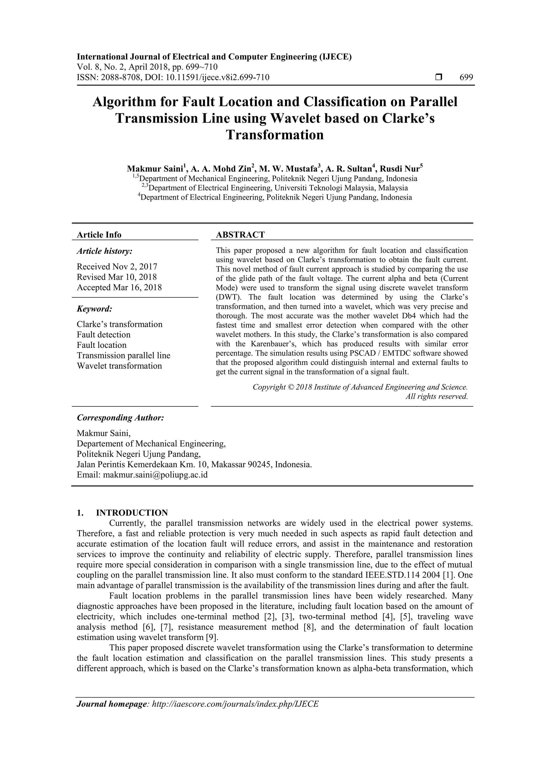 Algorithm For Fault Location And Classification On Parallel Transmission Line Using Wavelet