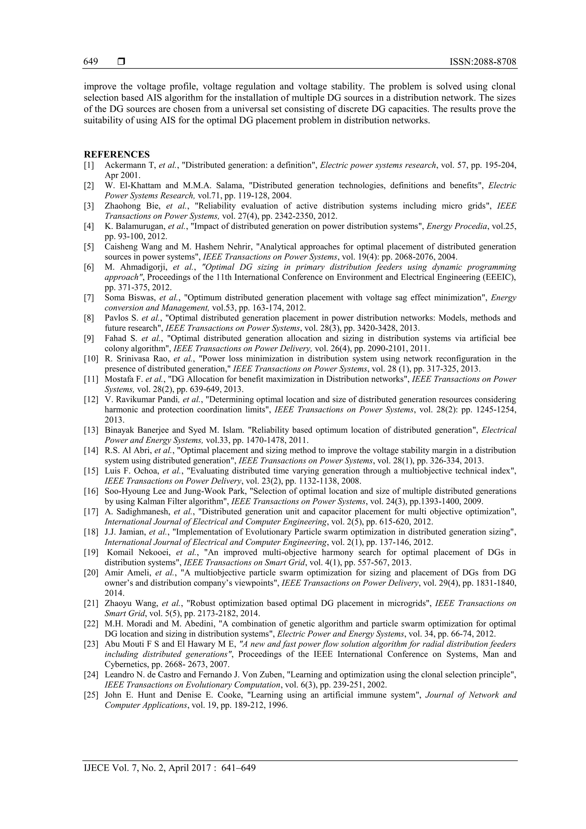 Optimal Siting Of Distributed Generators In A Distribution Network Using Artificial Immune