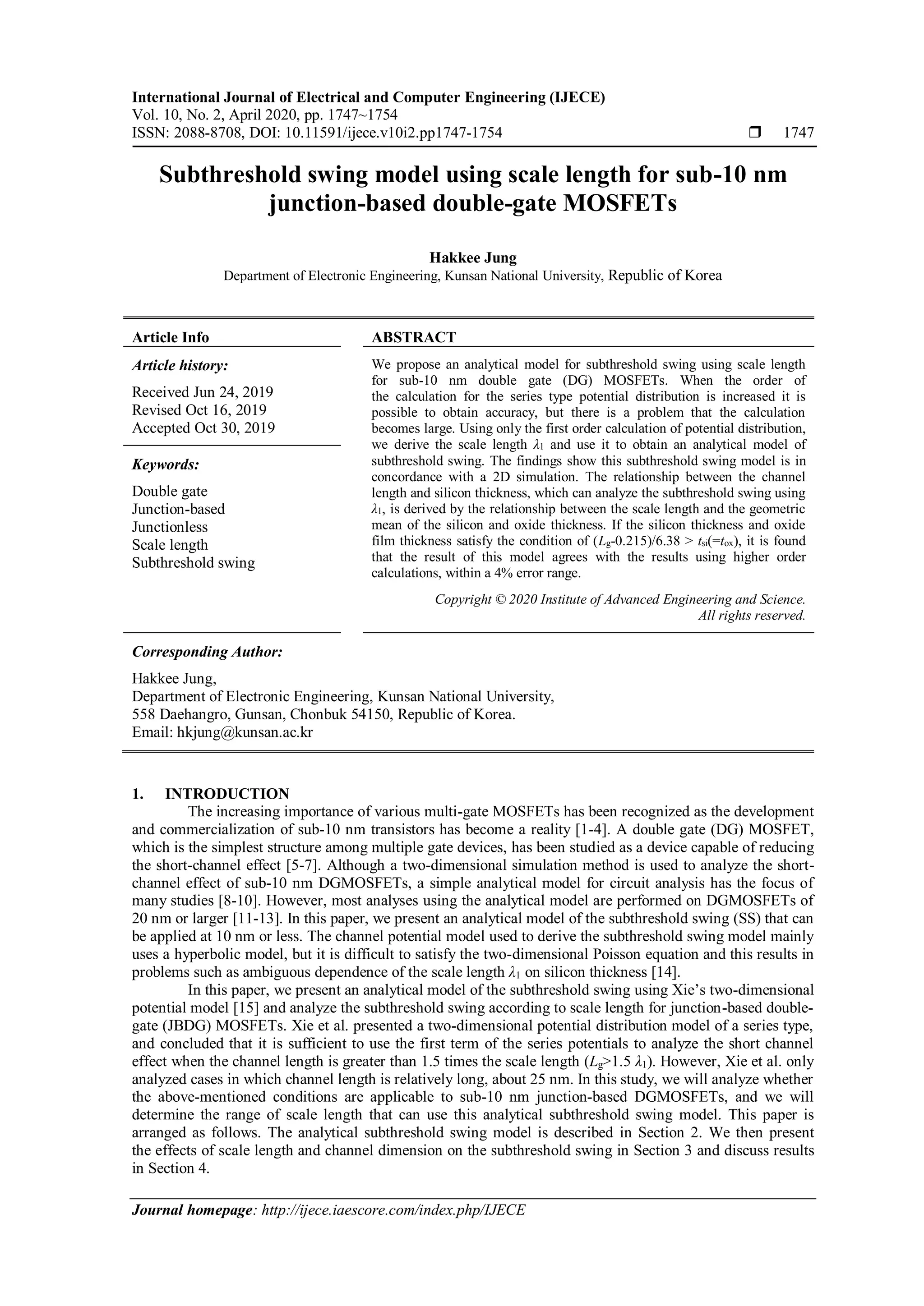 Subthreshold swing model using scale length for sub-10 nm junction-based double-gate MOSFETs | PDF