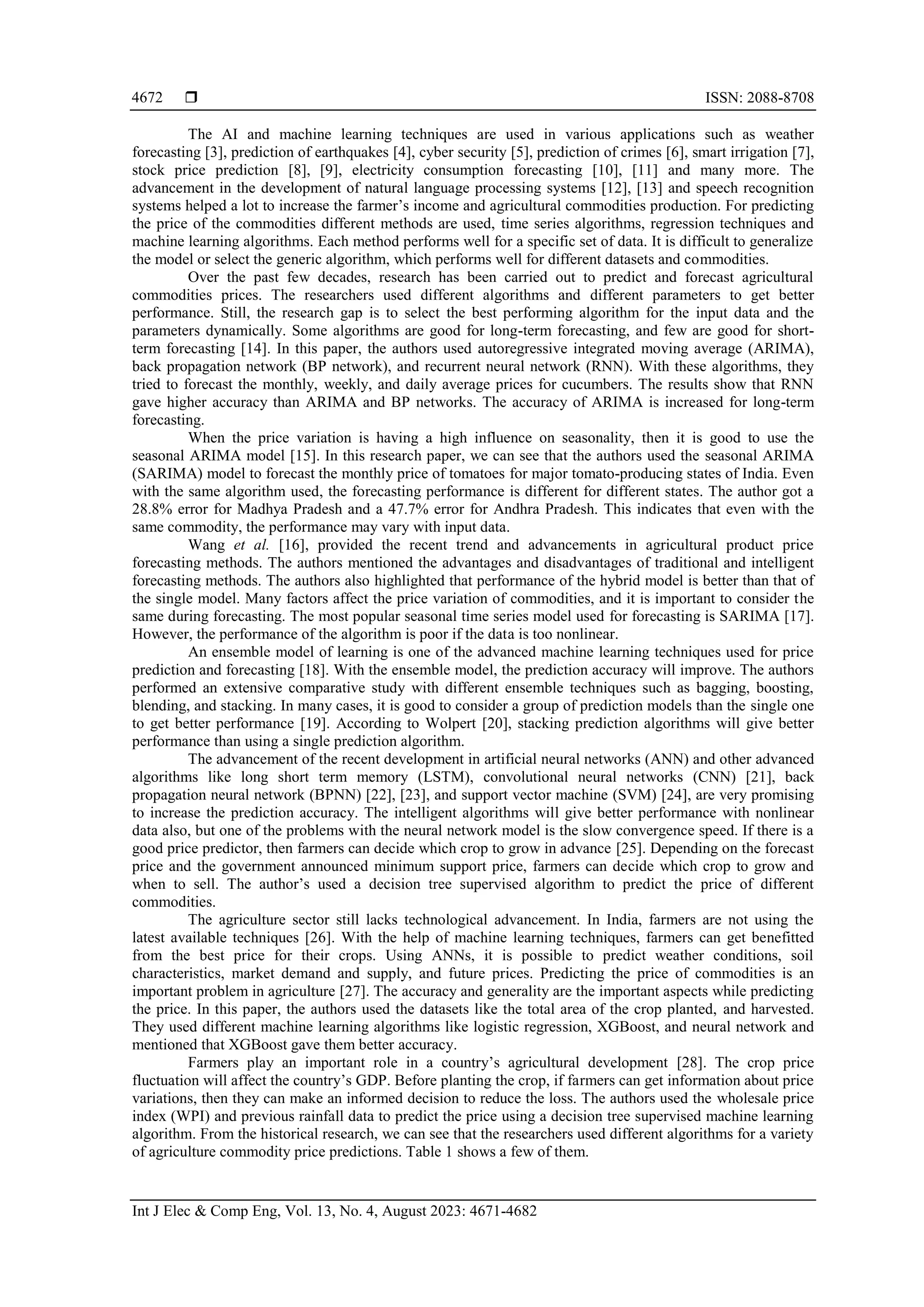 Data driven algorithm selection to predict agriculture commodities ...