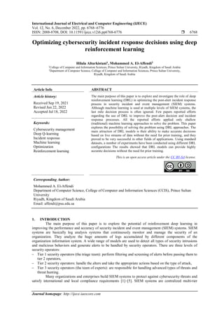 Optimizing cybersecurity incident response decisions using deep reinforcement learning | PDF