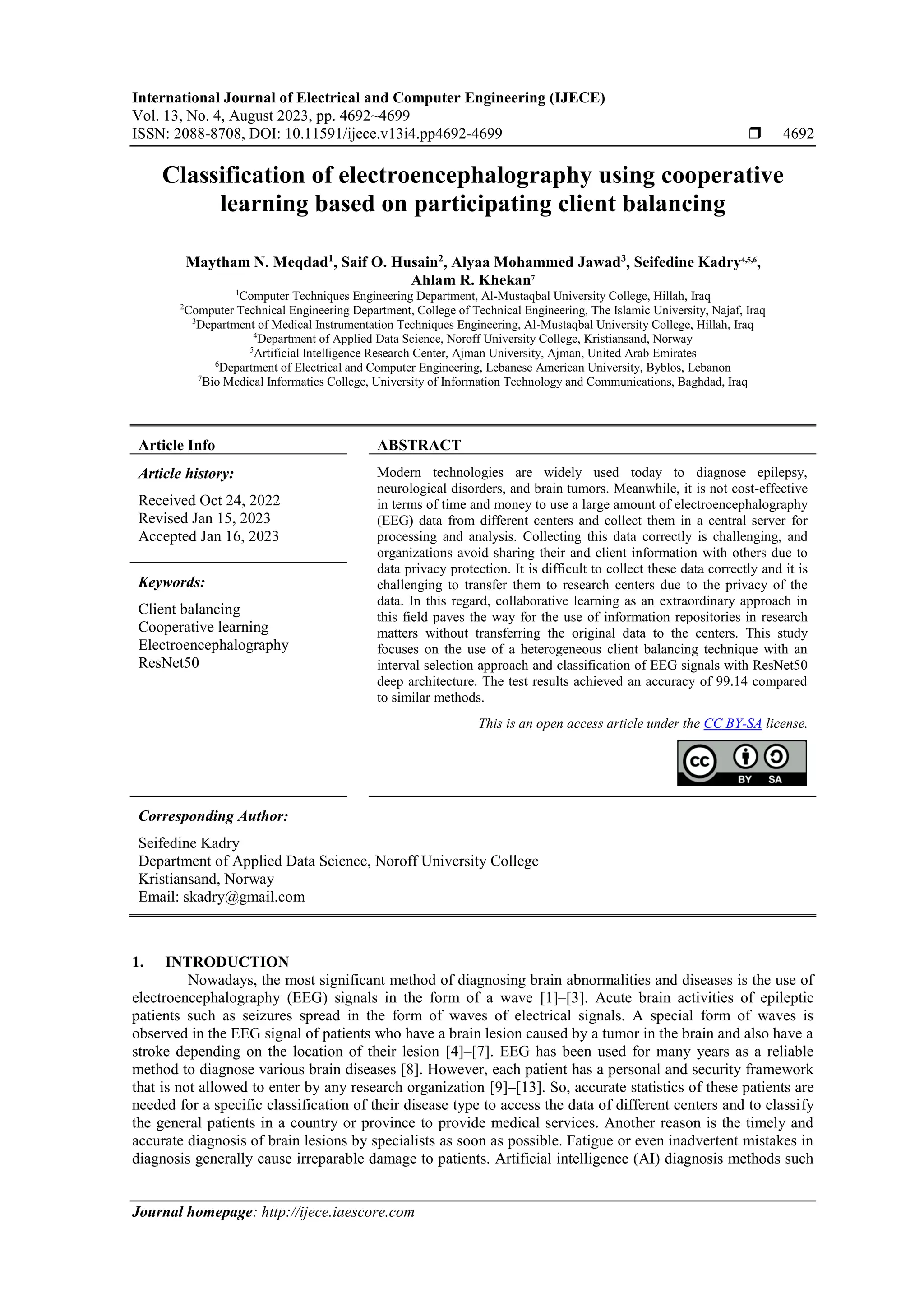Classification of electroencephalography using cooperative learning based on participating ...