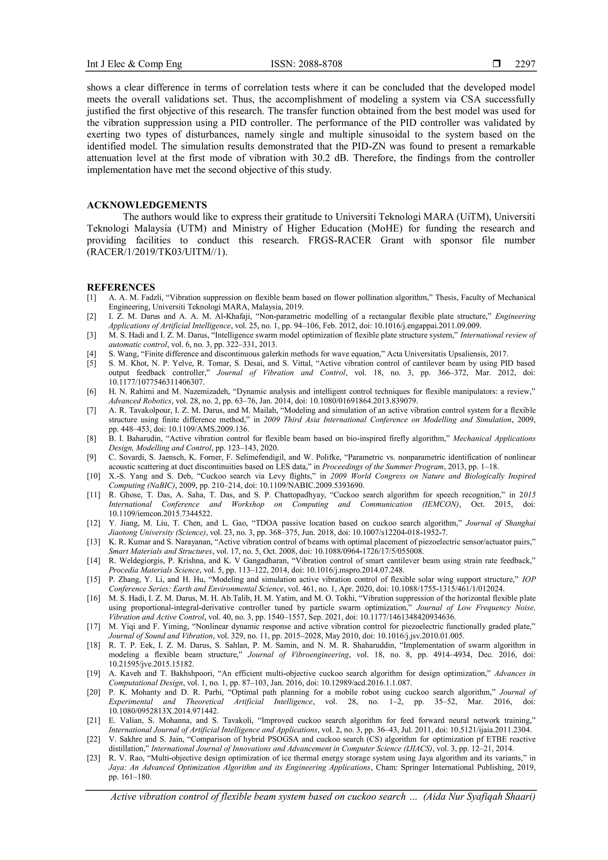 Active vibration control of flexible beam system based on cuckoo search algorithm | PDF
