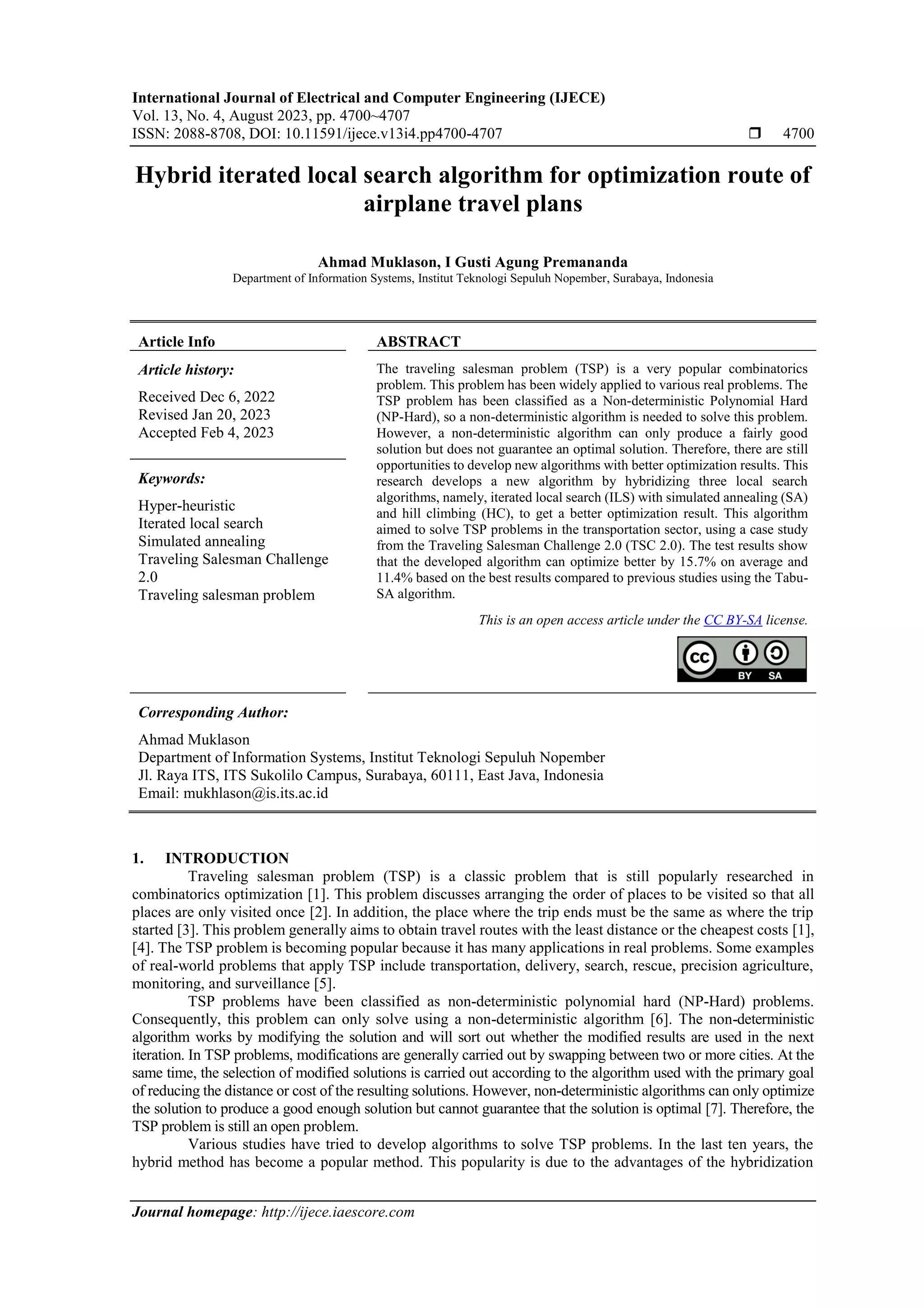 Hybrid iterated local search algorithm for optimization route of airplane travel plans | PDF