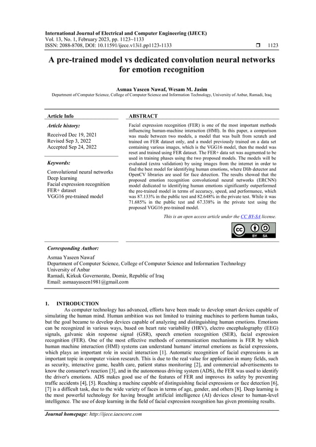 A pre-trained model vs dedicated convolution neural networks for emotion recognition | PDF ...