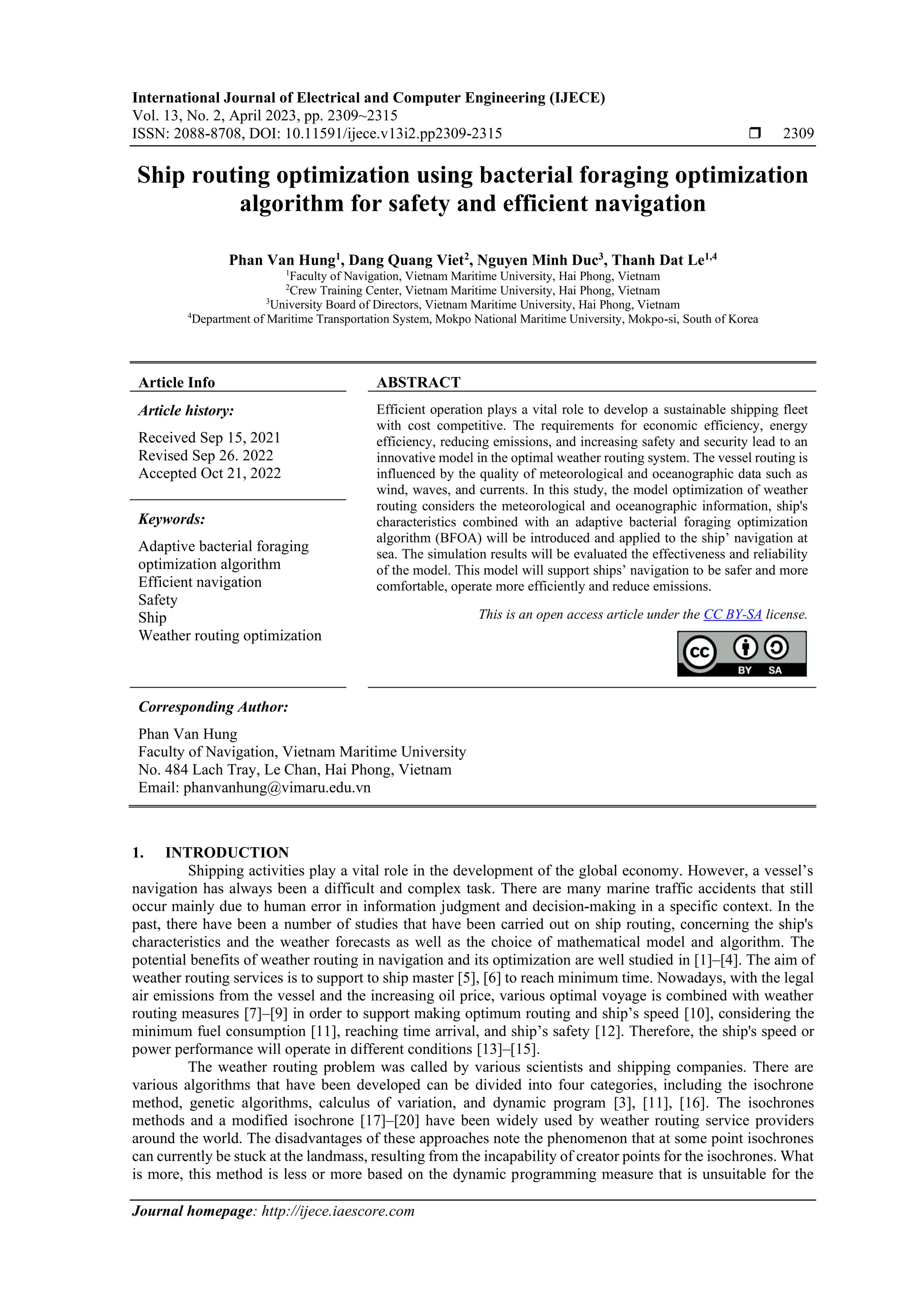 Ship Routing Optimization Using Bacterial Foraging Optimization