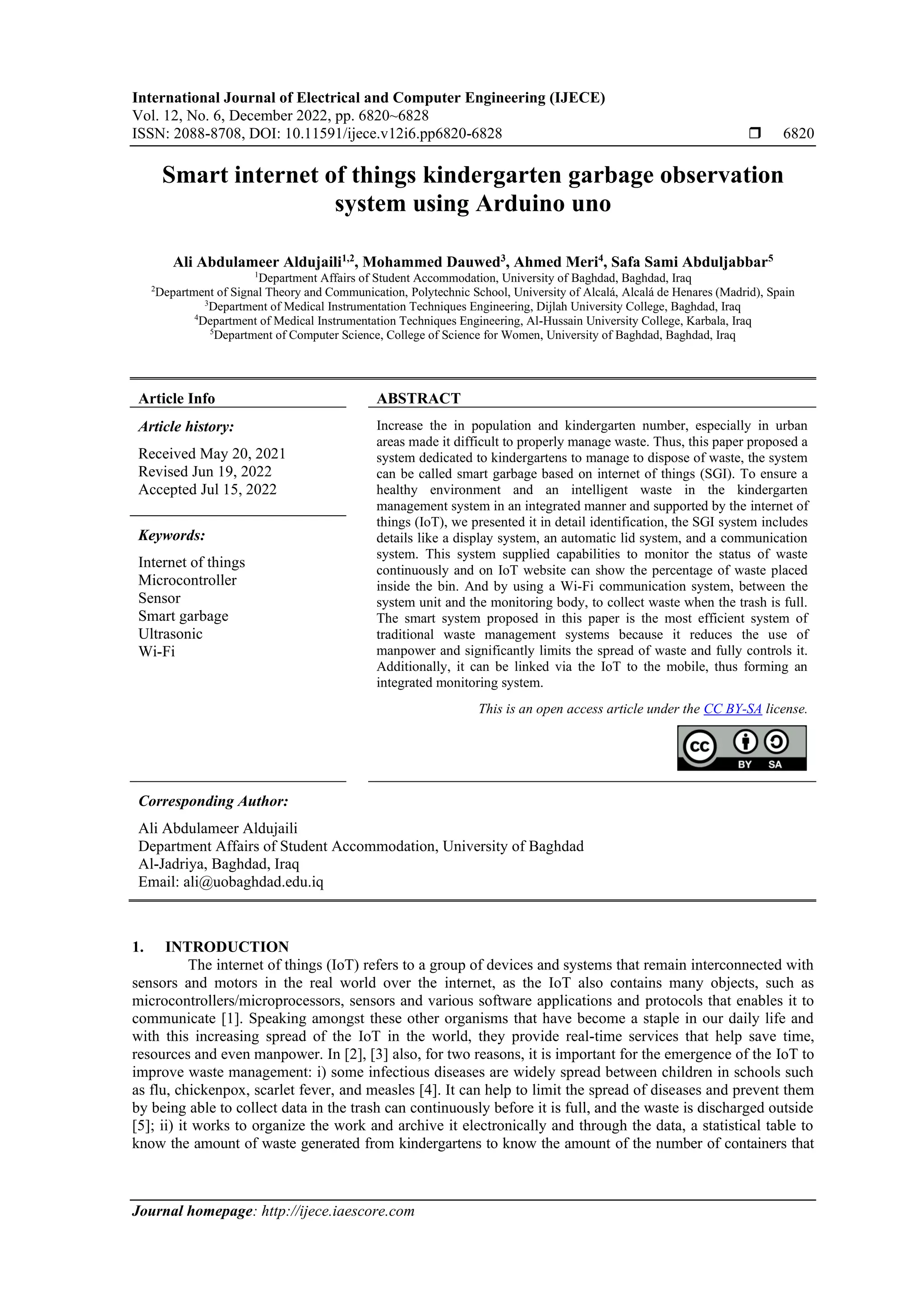 Smart internet of things kindergarten garbage observation system using Arduino uno | PDF