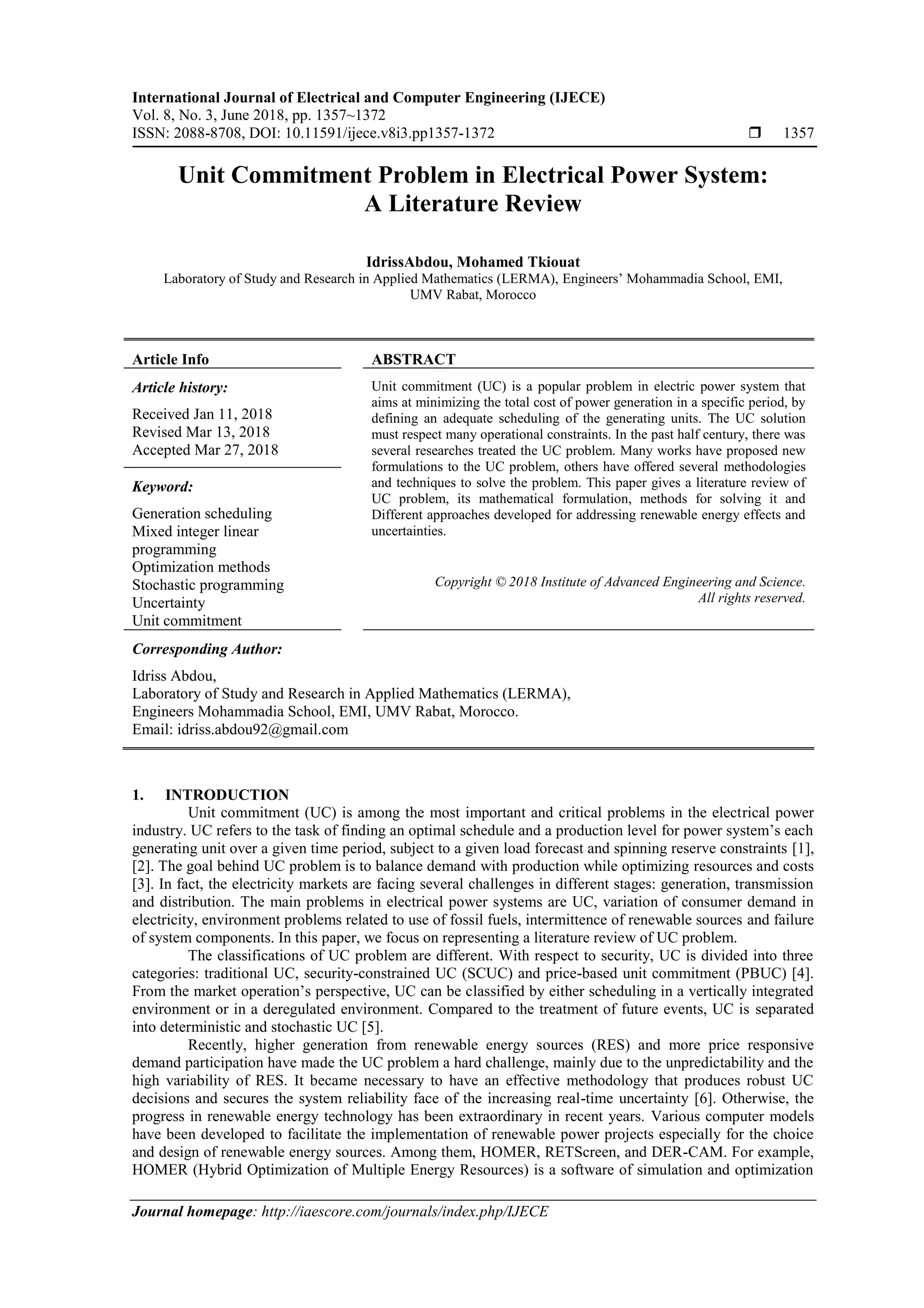 Unit Commitment Problem In Electrical Power System A Literature Review Pdf Power And Energy