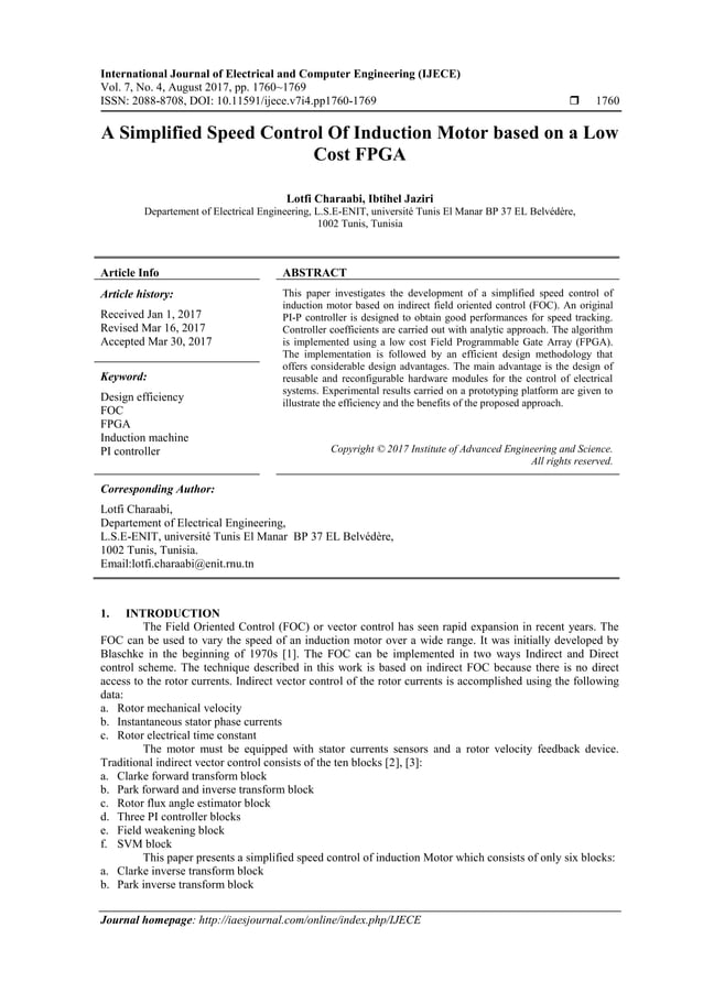 A Simplified Speed Control Of Induction Motor based on a Low Cost FPGA | PDF