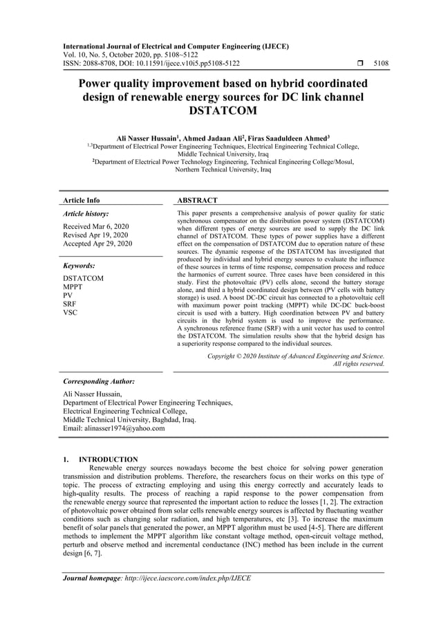 Power quality improvement based on hybrid coordinated design of renewable energy sources for DC ...