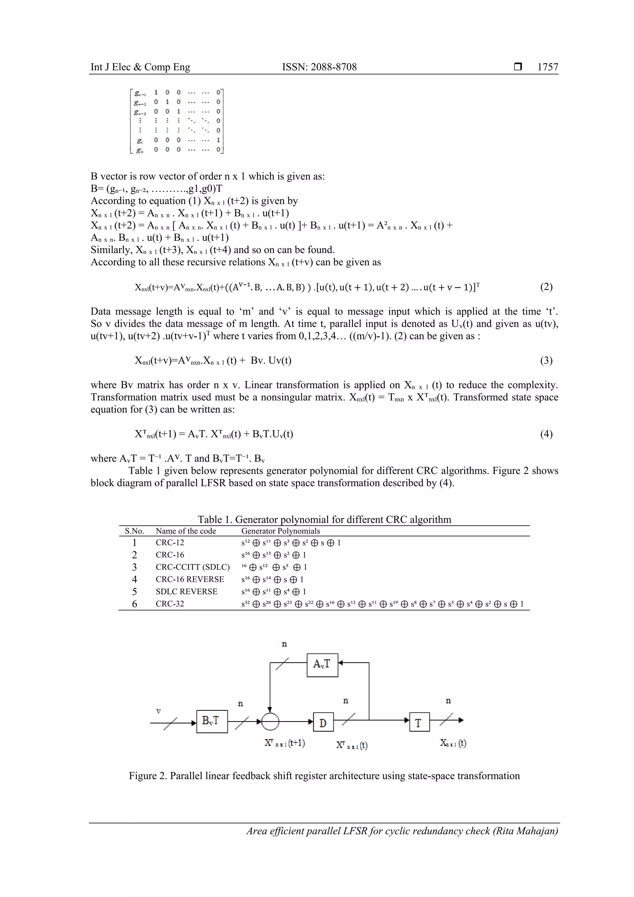 Area efficient parallel LFSR for cyclic redundancy check | PDF